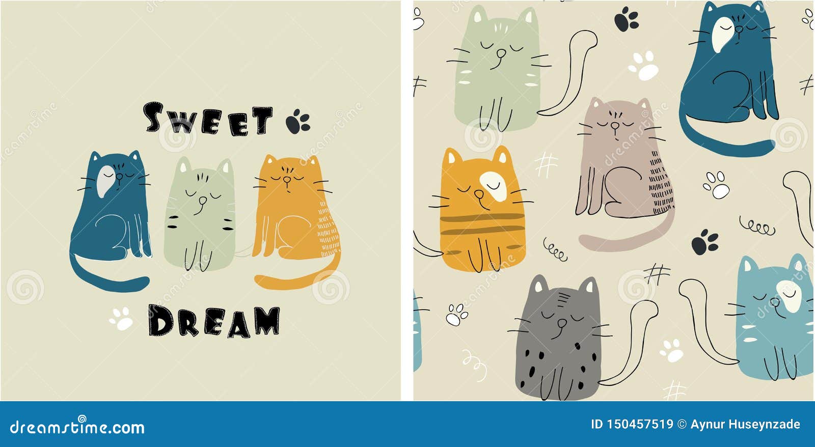 Set of Cute Cat Print and Seamless Pattern with Cats. Vector Stock ...