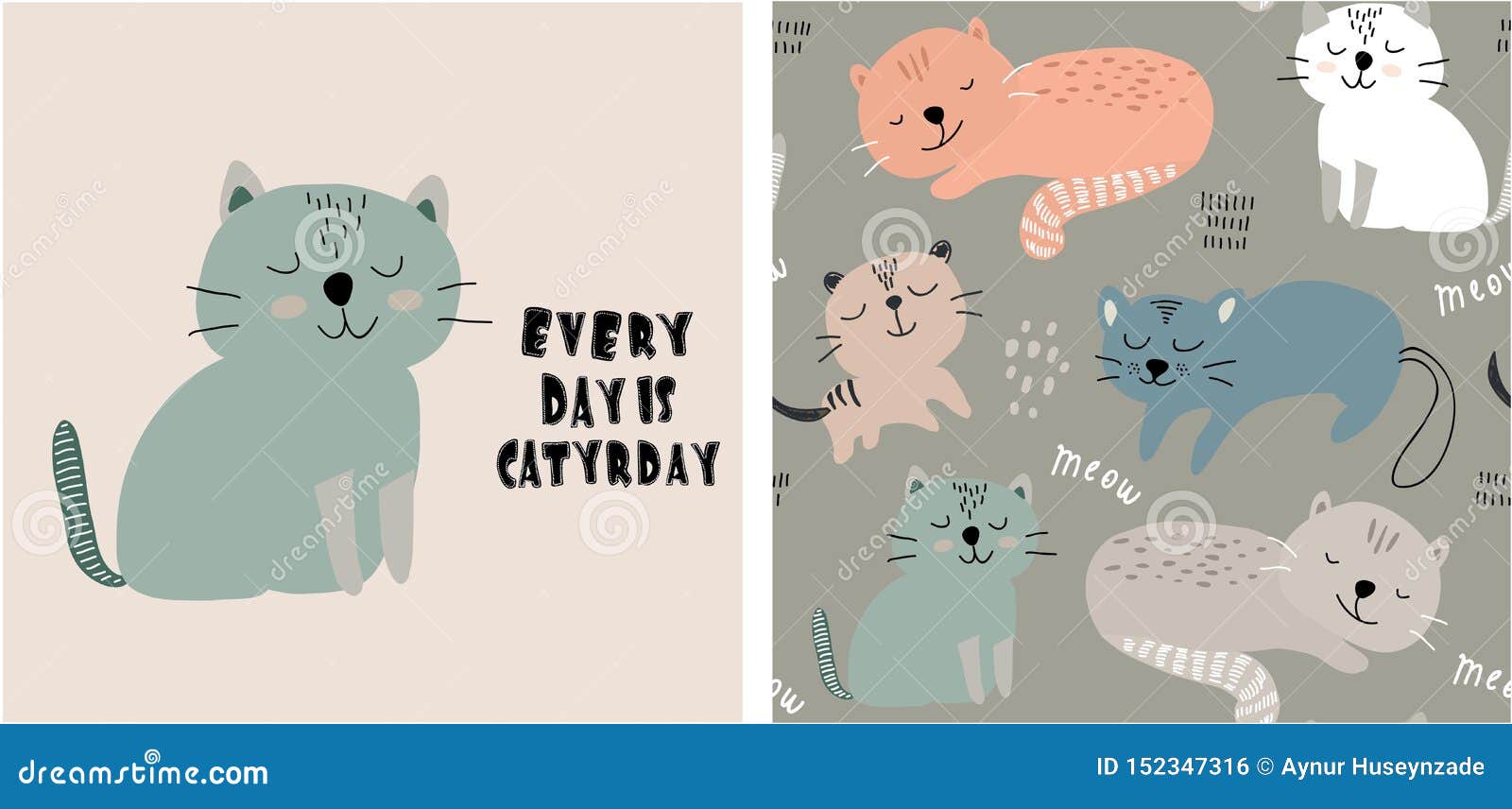 Set of Cute Cat Print and Seamless Pattern with Cats. Vector Stock ...