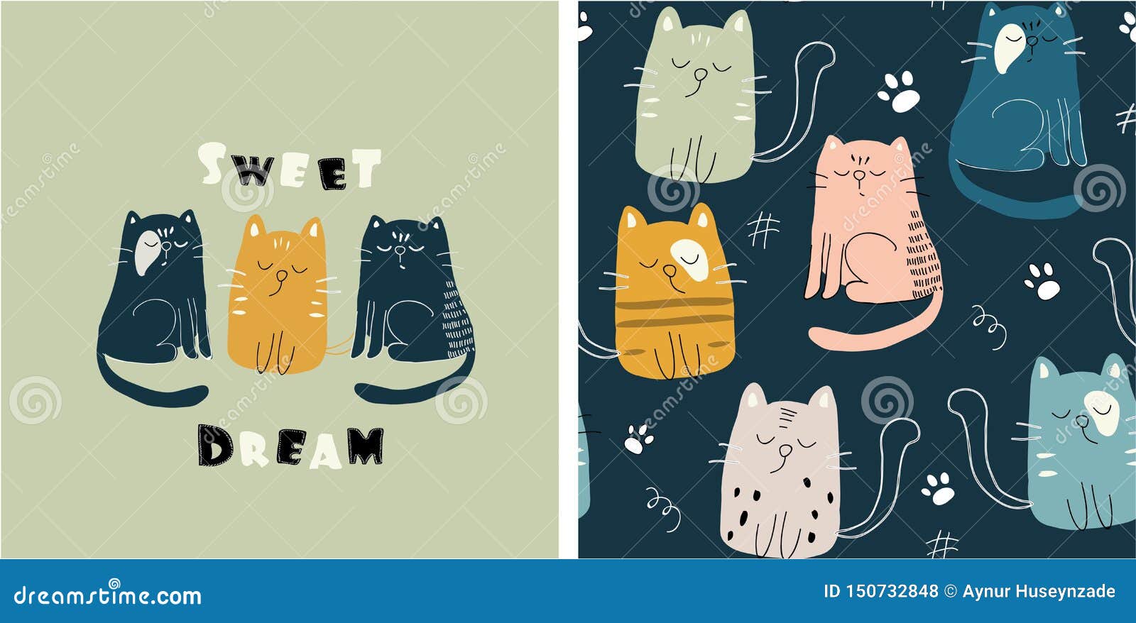 Set of Cute Cat Print and Seamless Pattern with Cats. Vector Stock ...