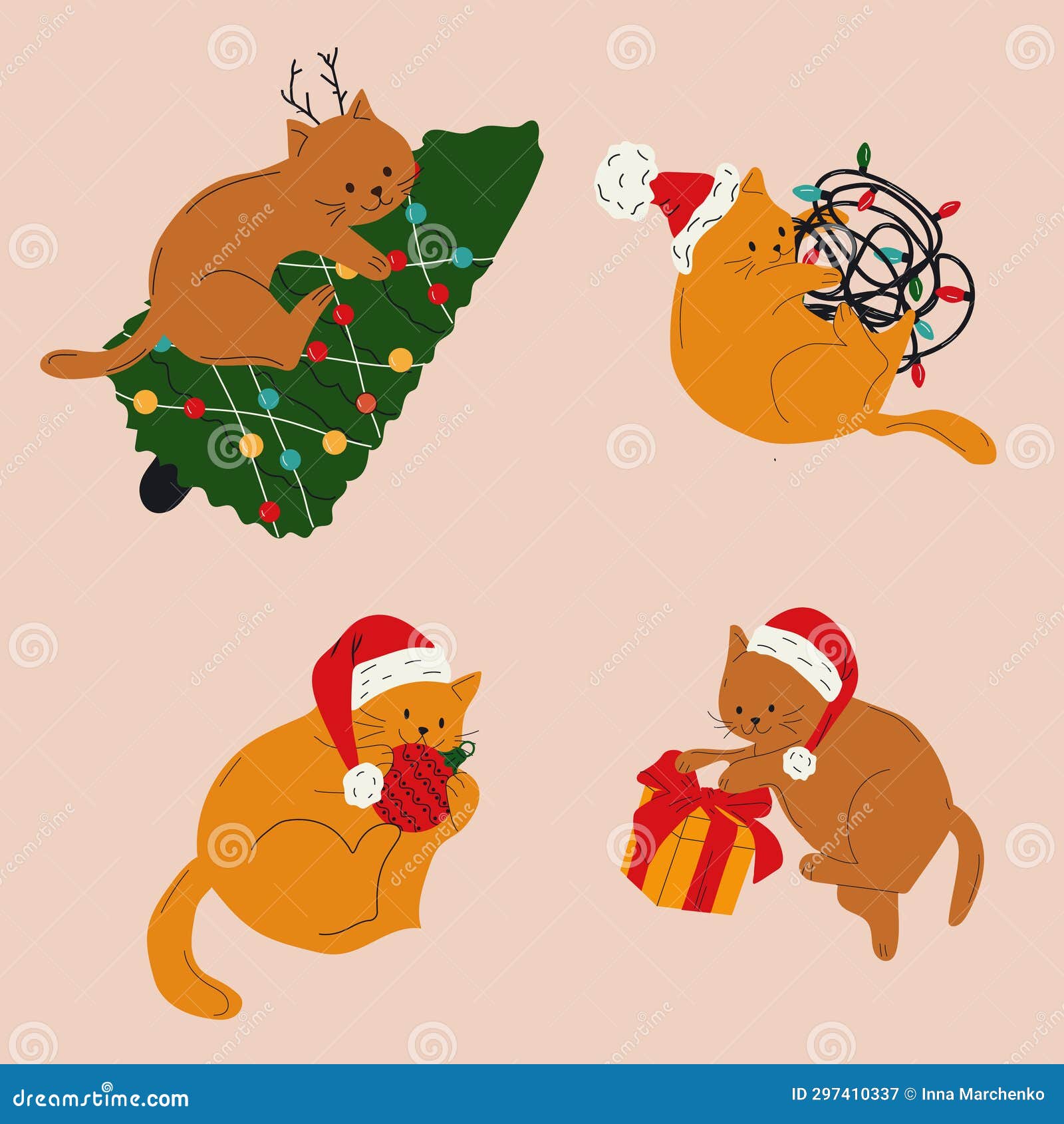 Set of Cute Cats with Christmas Decoration. Vector Illustration Stock ...