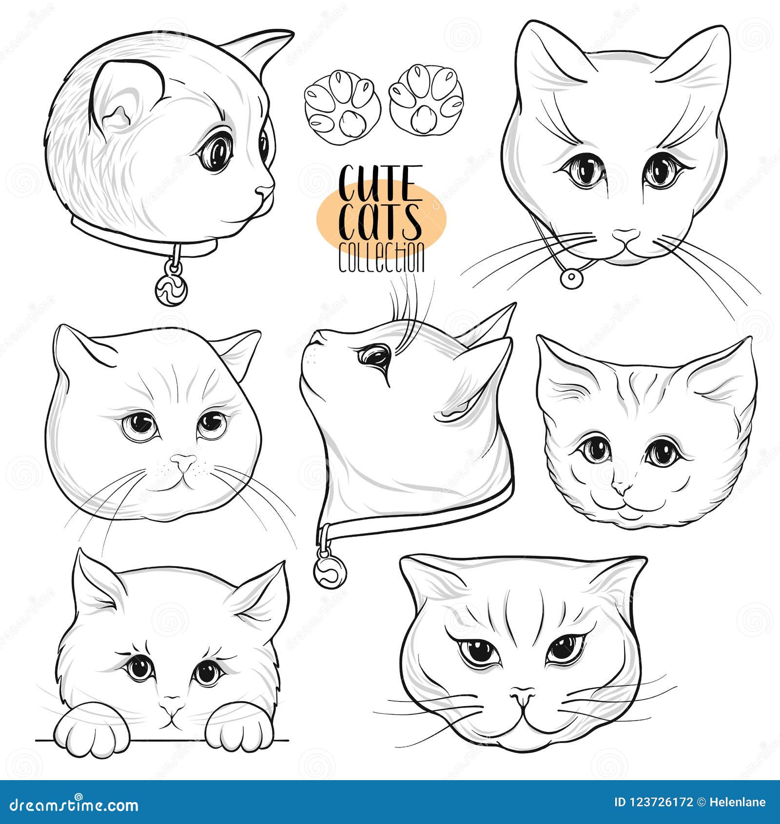 Set of Cute Cats with Different Emotions. Outline Hand Drawing. Stock ...