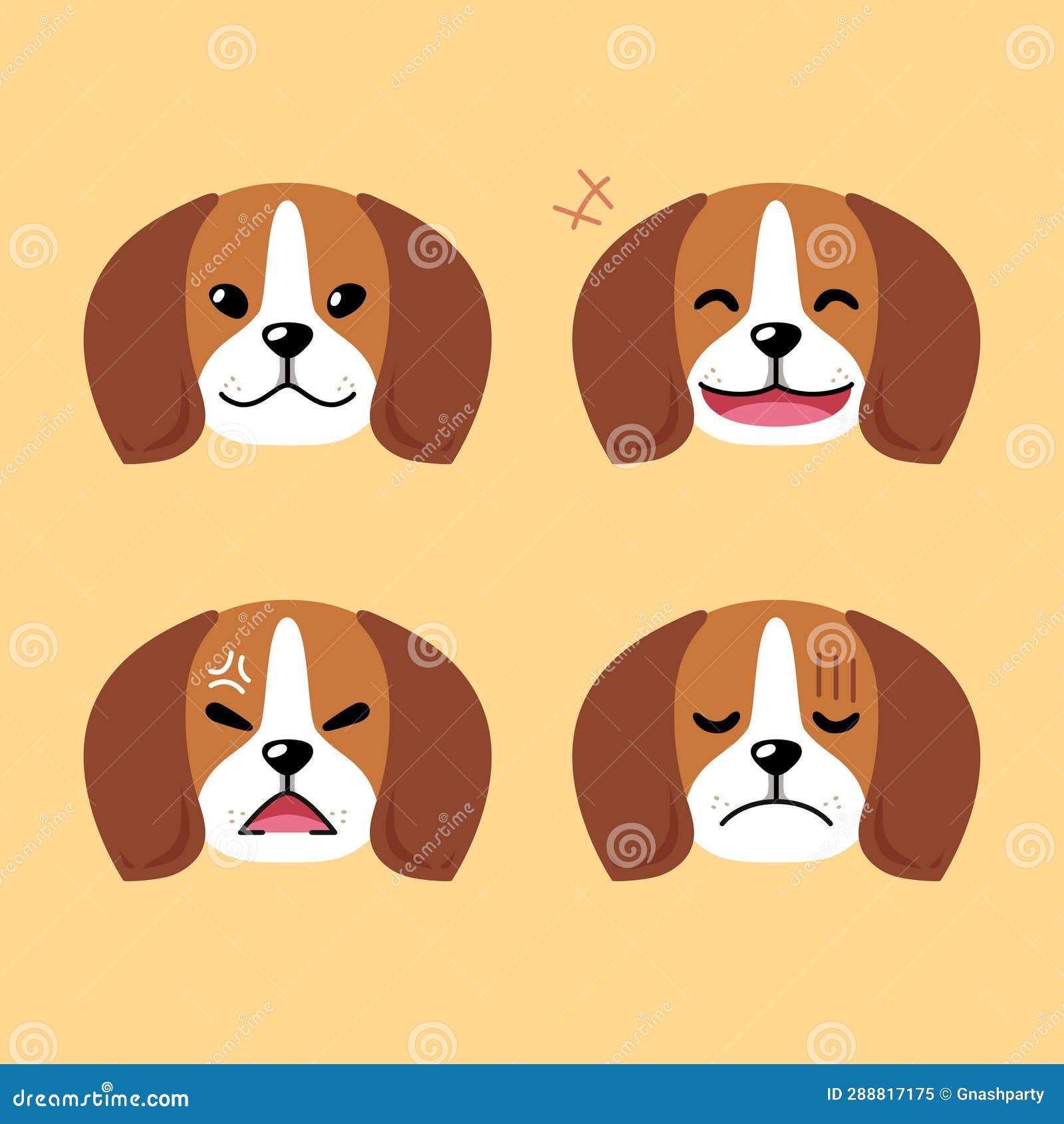Set Of Cute Character Beagle Dog Faces Showing Different Emotions ...