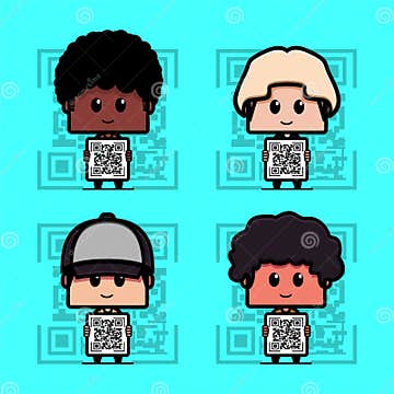 Set of Cute Character Holding QR Code. Scanning QR Code Stock Vector ...