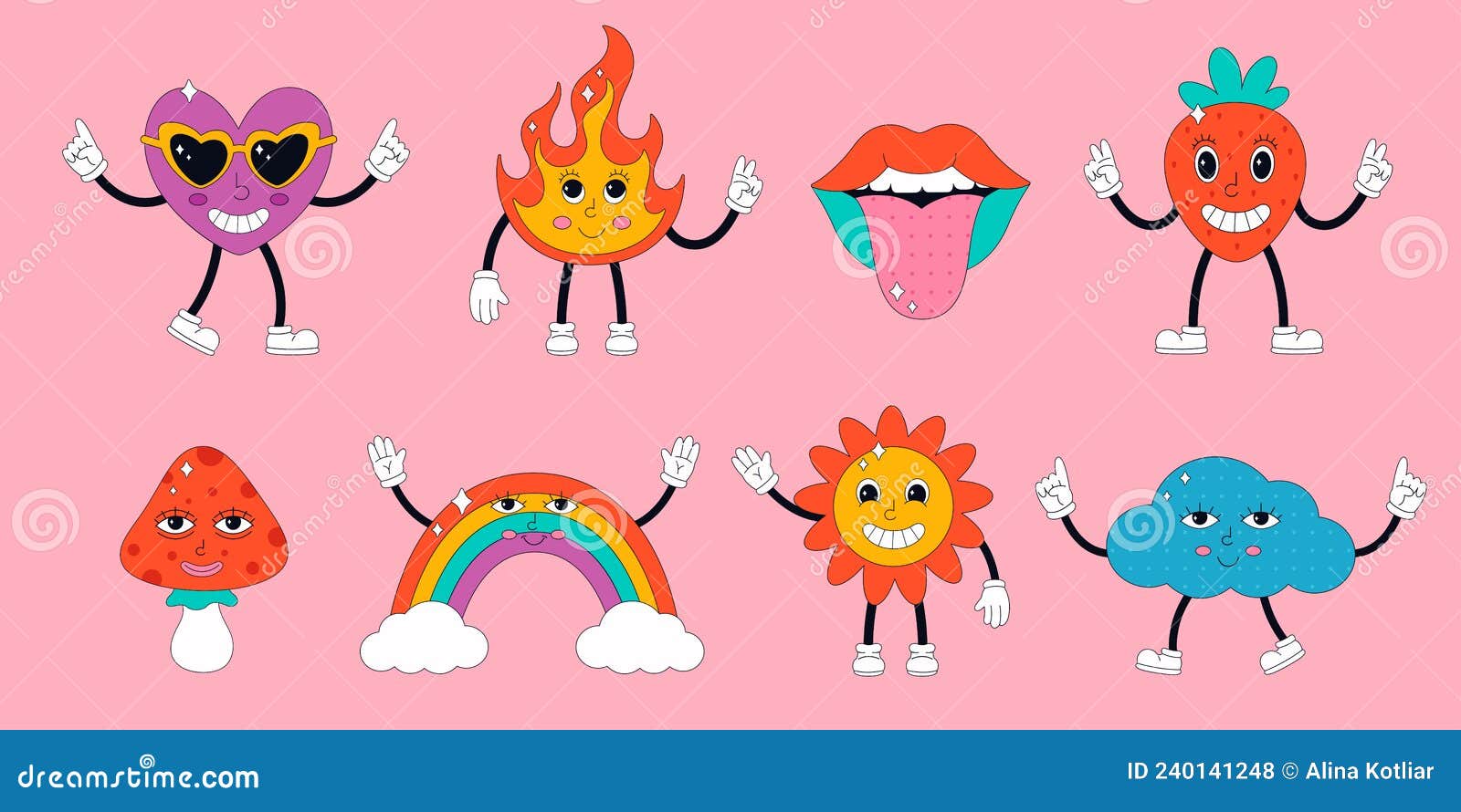 Set of Cute Characters and Elements in Psychedelic 70s Style. Hippie ...