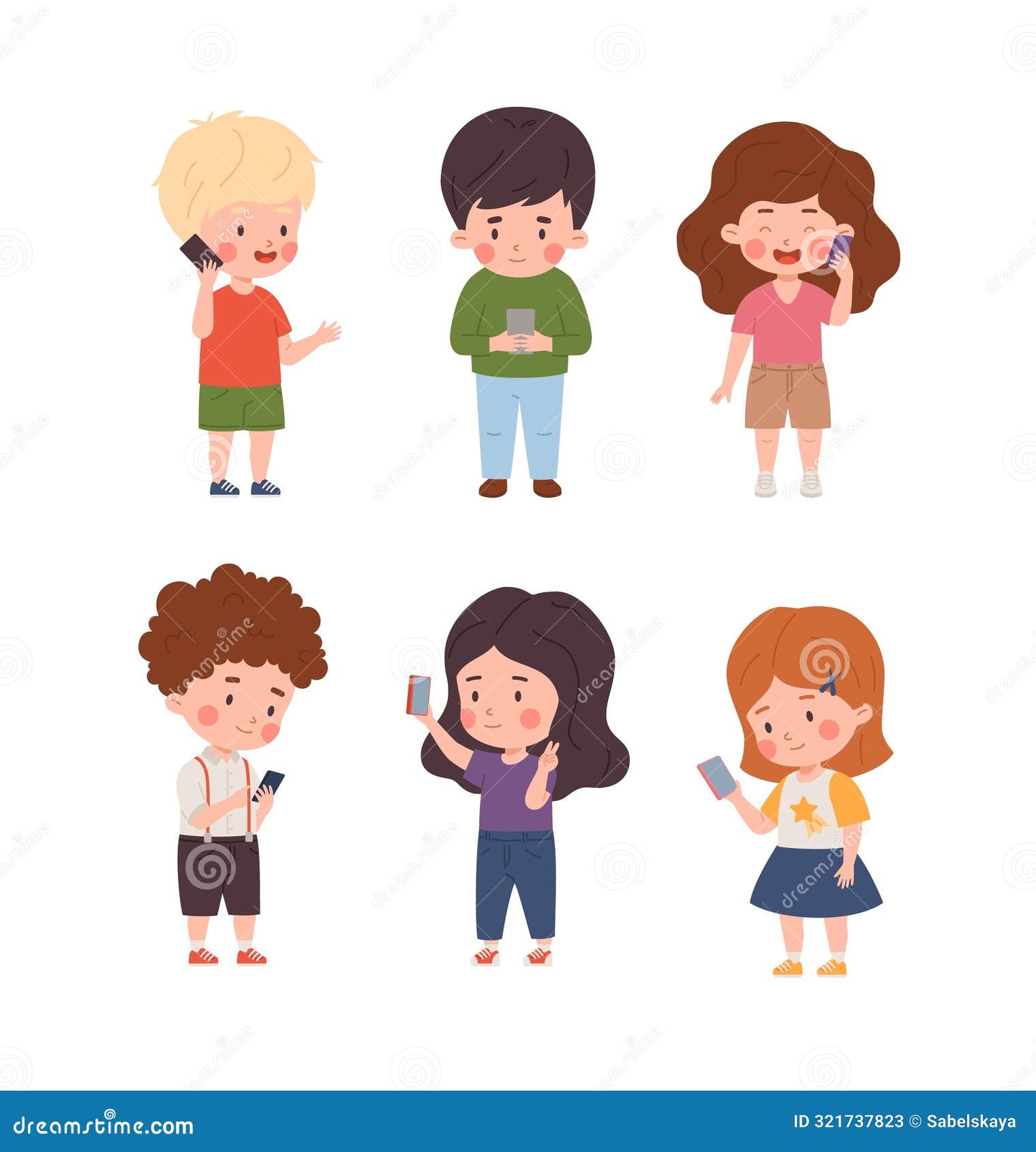 Set of Cute Children Using Mobile Phones Flat Style, Vector ...