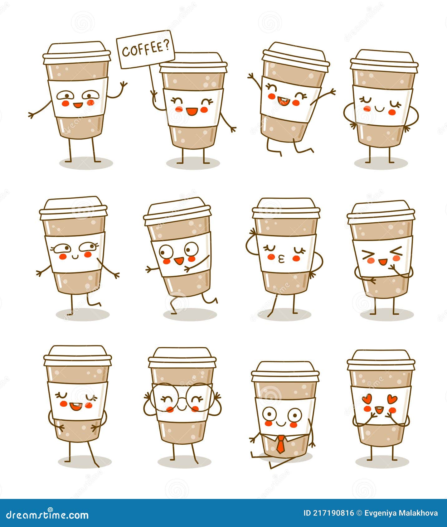 Set of Cute Coffee Cups Isolated on White - Cartoon Characters for ...