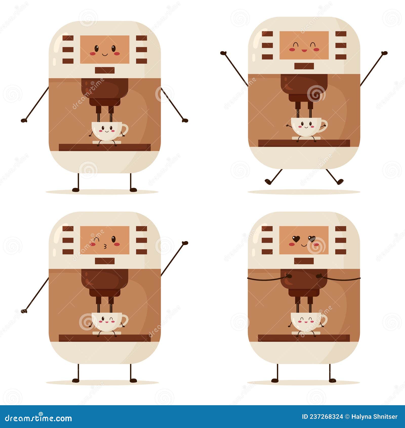 Set of Cute Coffee Machine and Cup Character with Different Emotions ...
