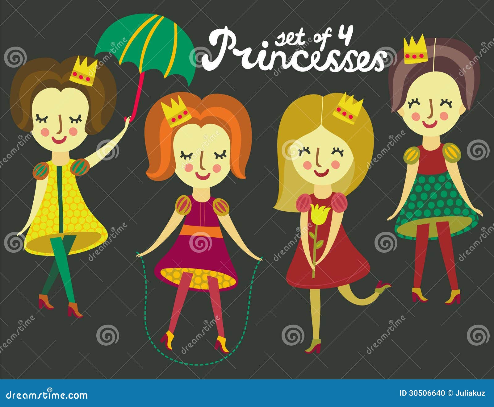 Set of 4 Cute Colorful Princesses Stock Vector - Illustration of design ...