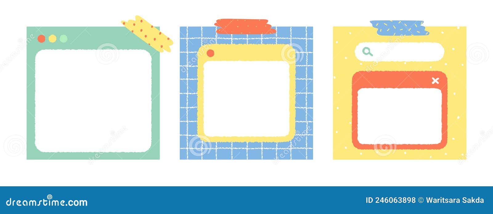 Set of Cute Colorful Web Browser Window Notepad with Tape Hand Drawn ...