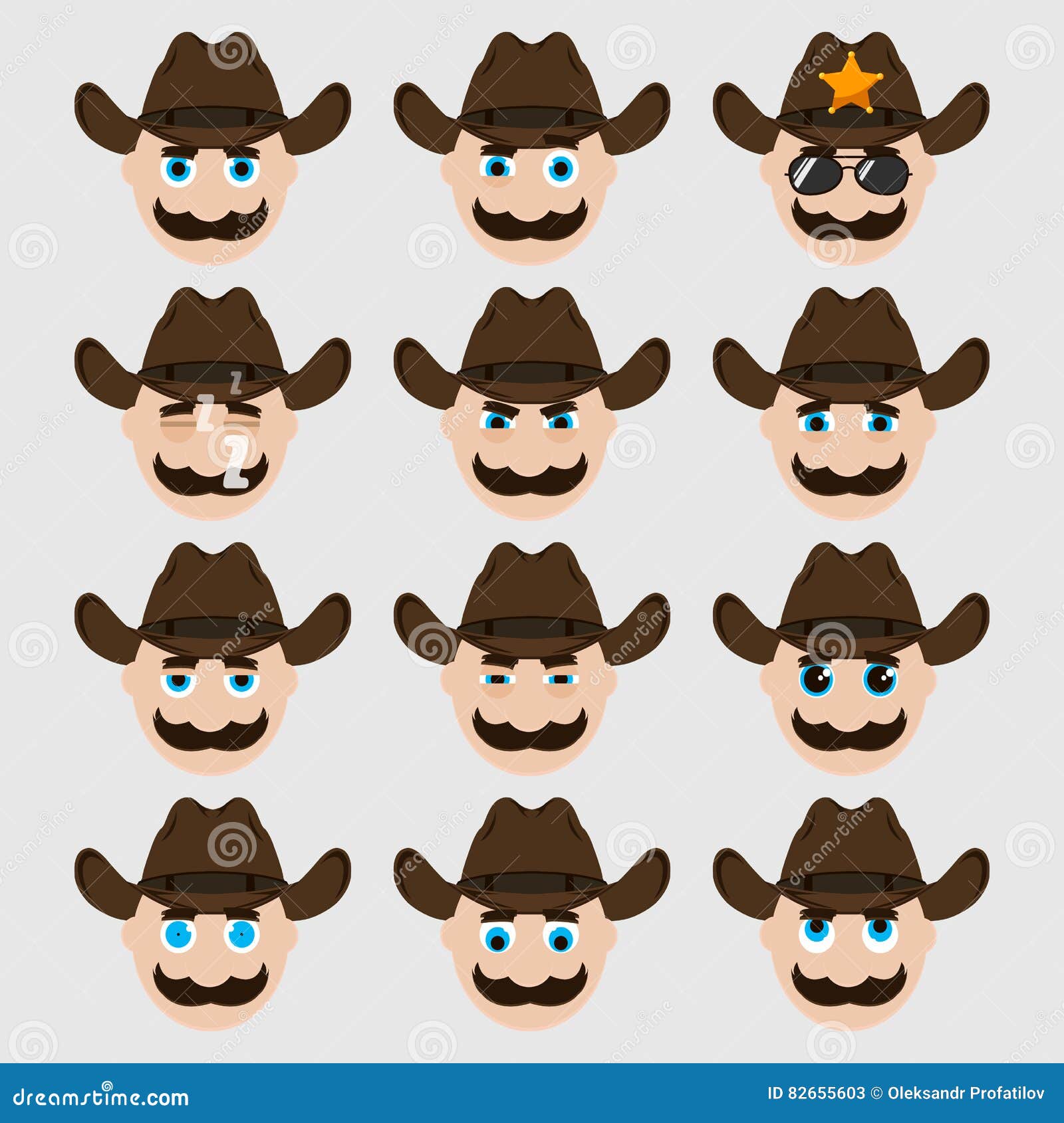 Set of Cute Cowboy Emoticons. Stock Vector - Illustration of face, flat ...