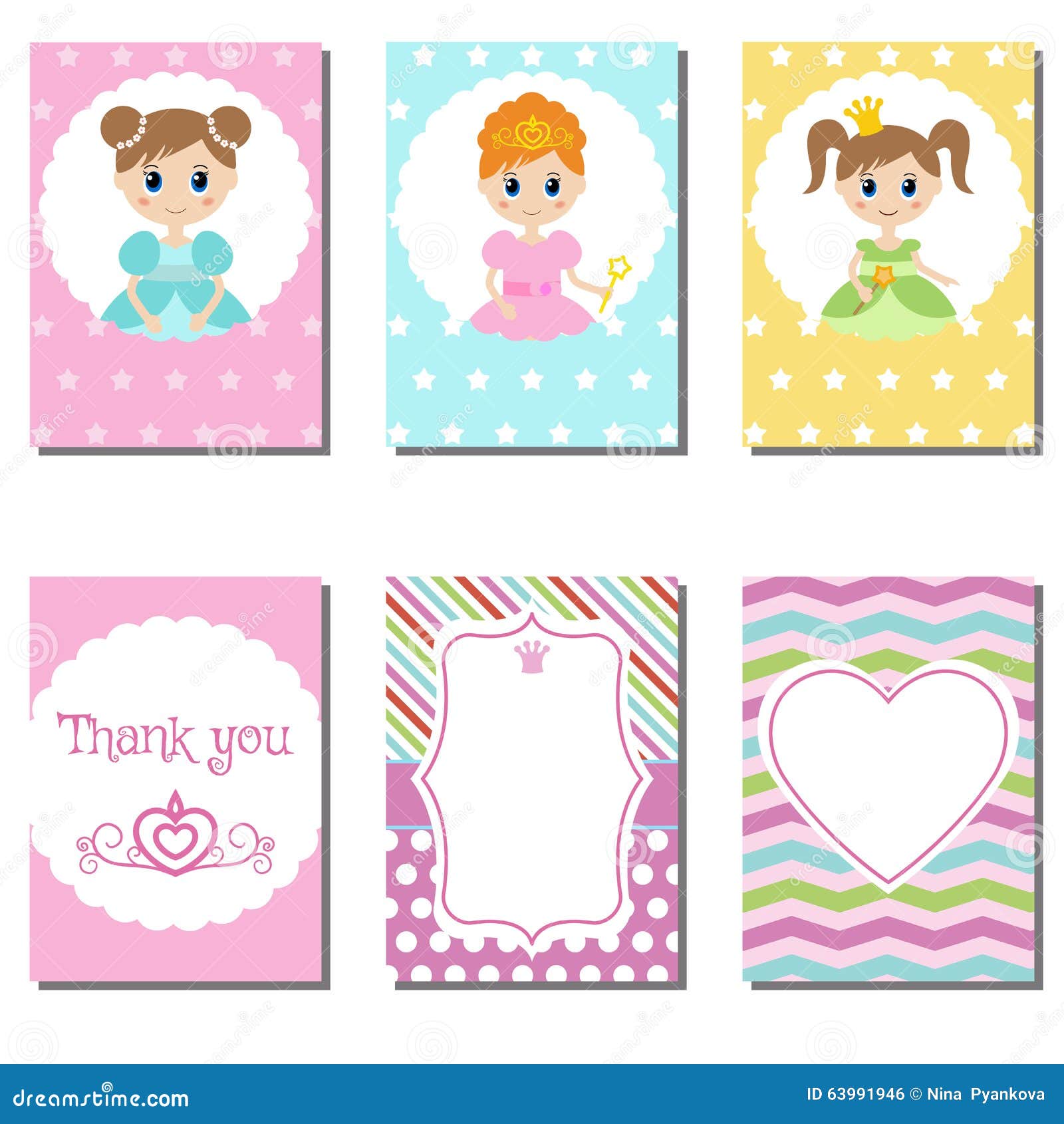 Set of Cute Creative Cards with Princess Theme Design. Stock Vector ...