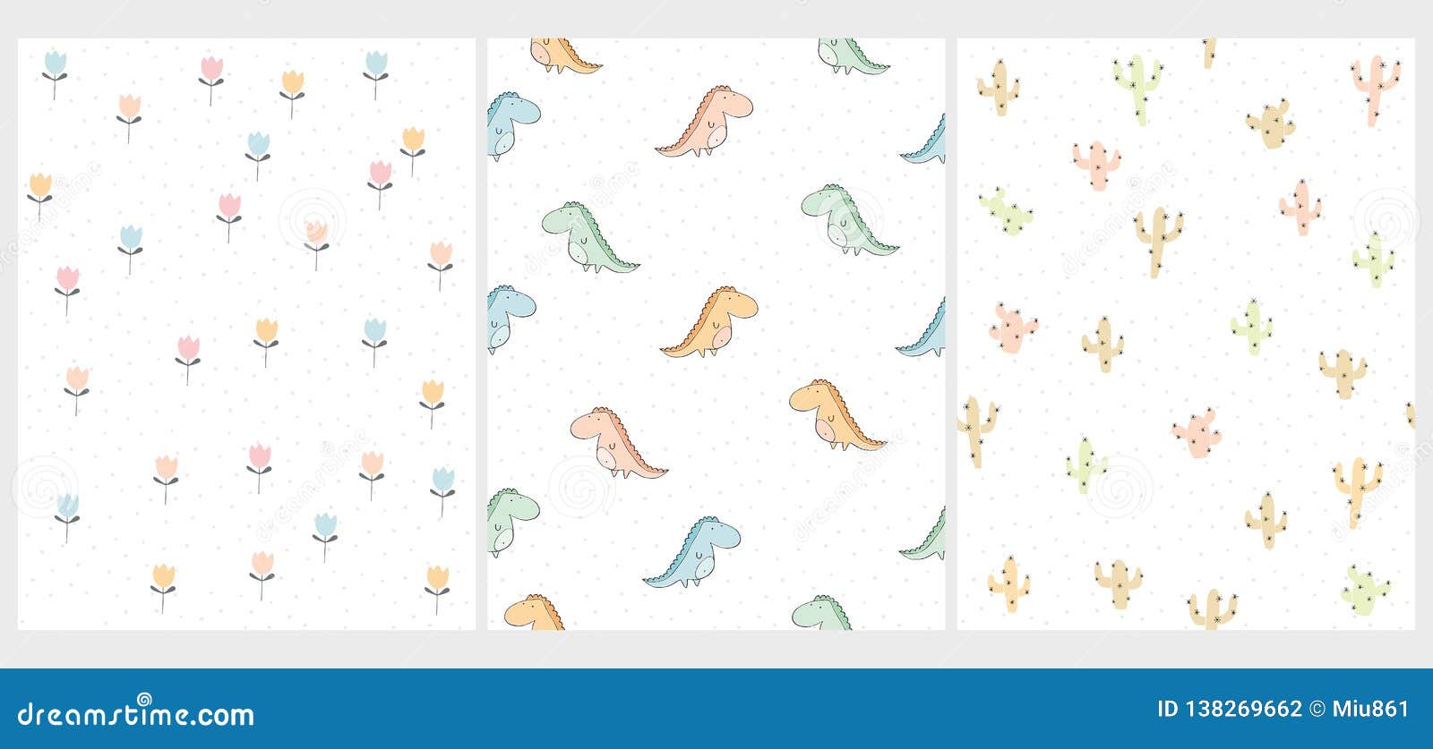Set of 3 Cute Dinosaur Theme Vector Patterns. Dinos, Cactuses and ...