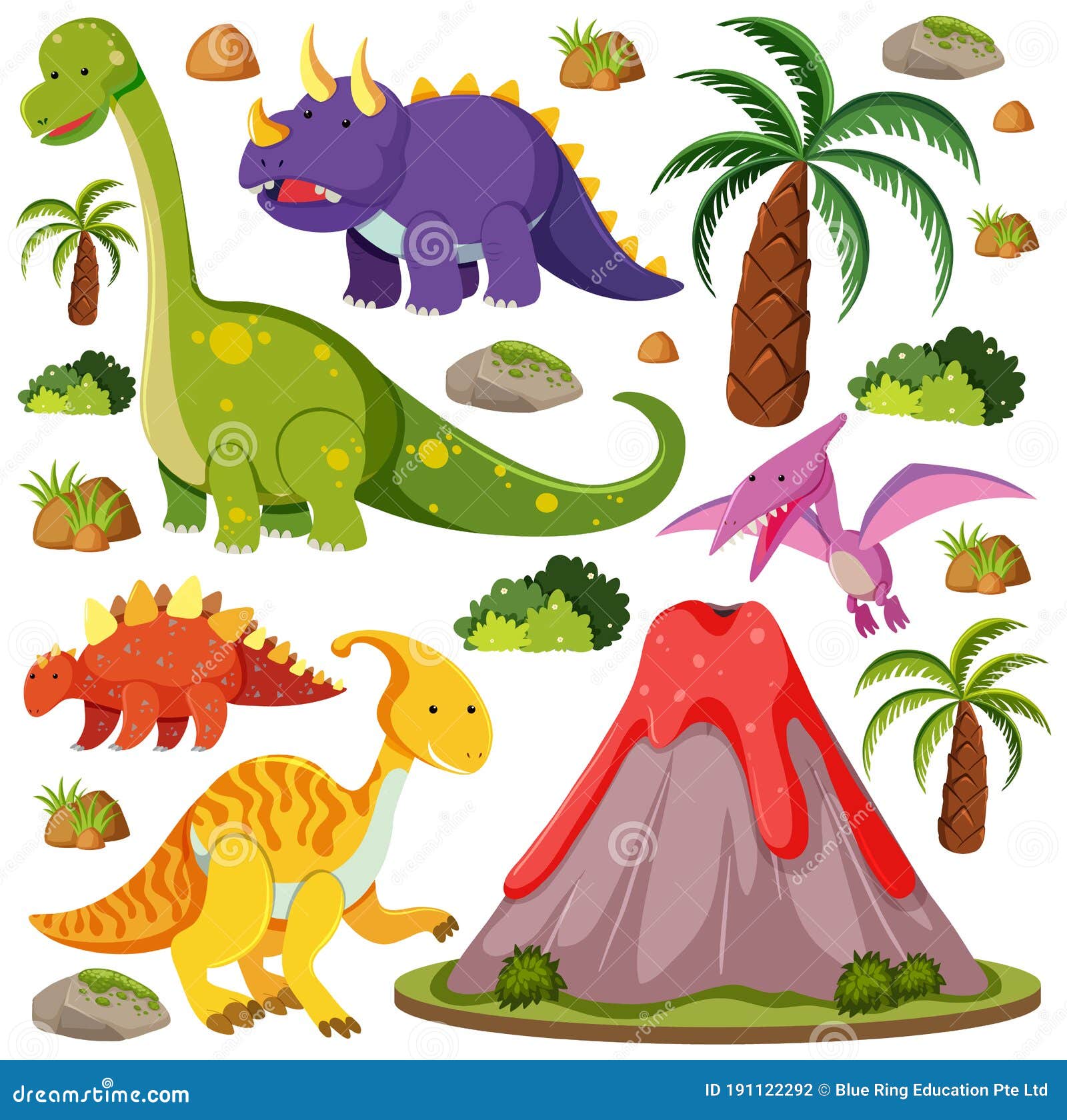 Set of Cute Dinosaurs and Volcano Eruption Isolated on White Background ...