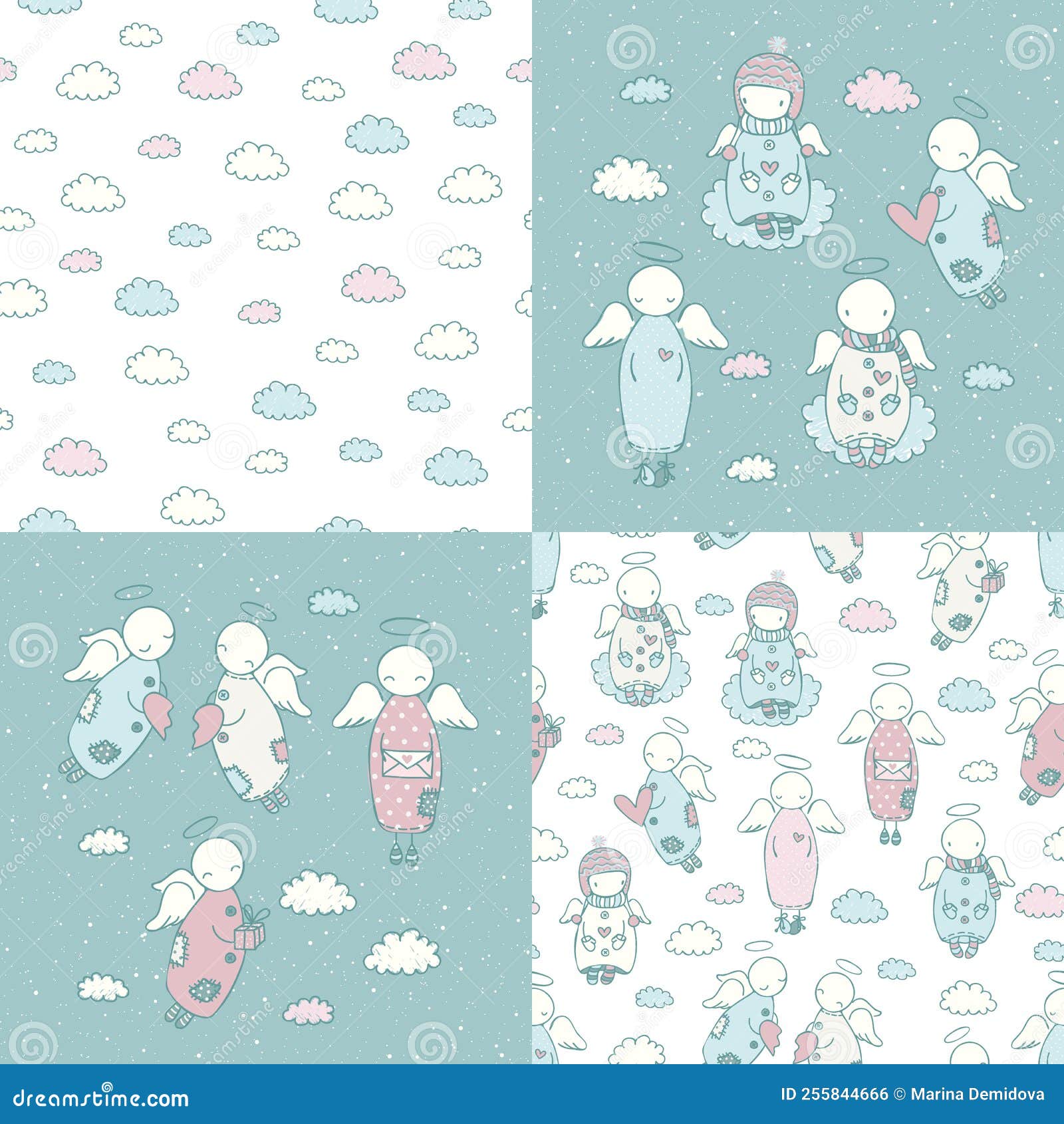 Set of Cute Doodle Angels and Seamless Patterns Stock Vector ...