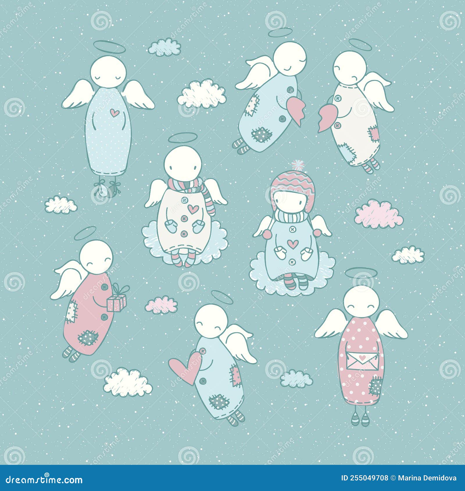 Set of Cute Doodle Angels in the Sky with Clouds and Snow Stock Vector ...