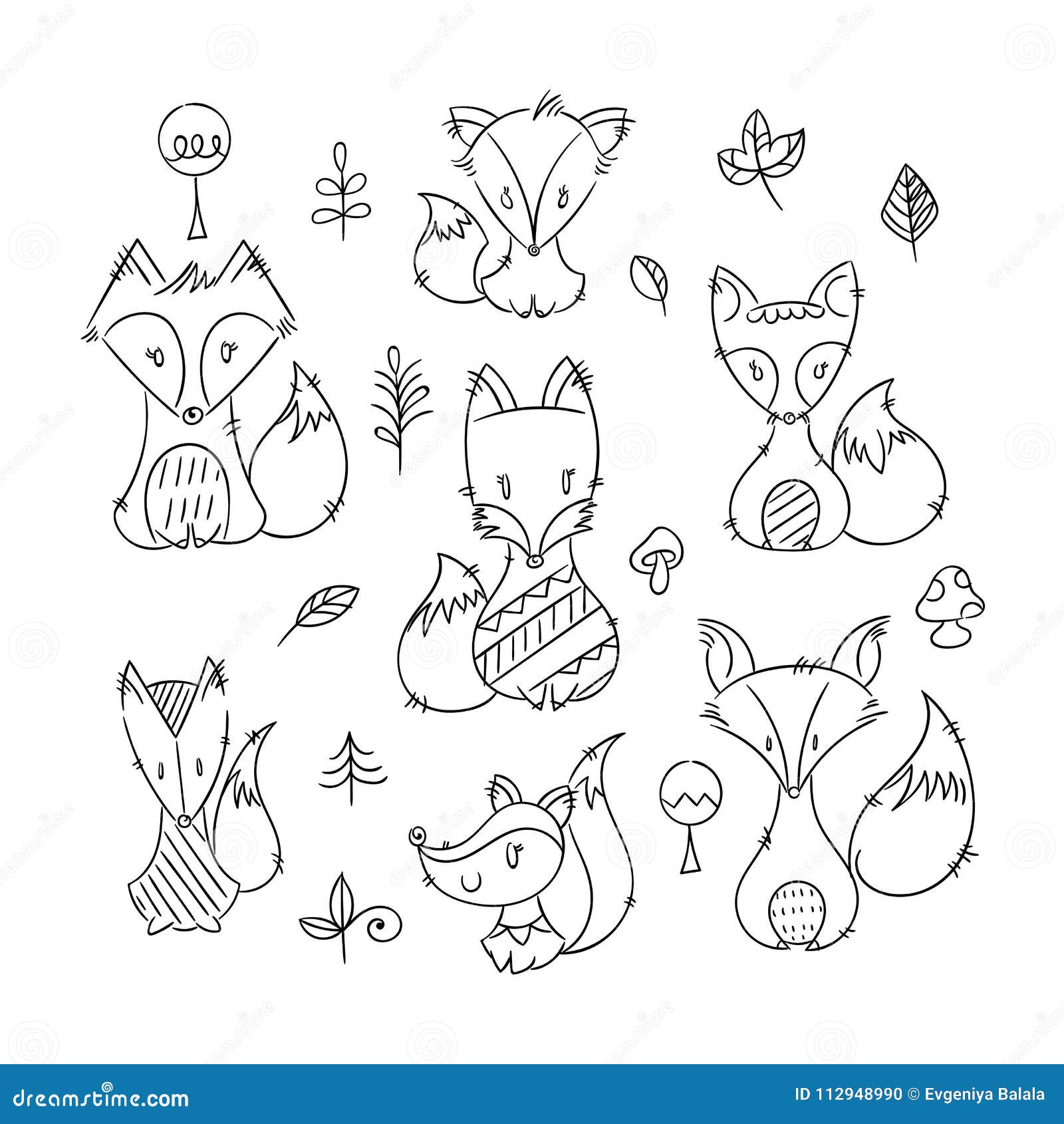 Set of Cute Doodle Foxes in Simple Flat Style Stock Vector ...