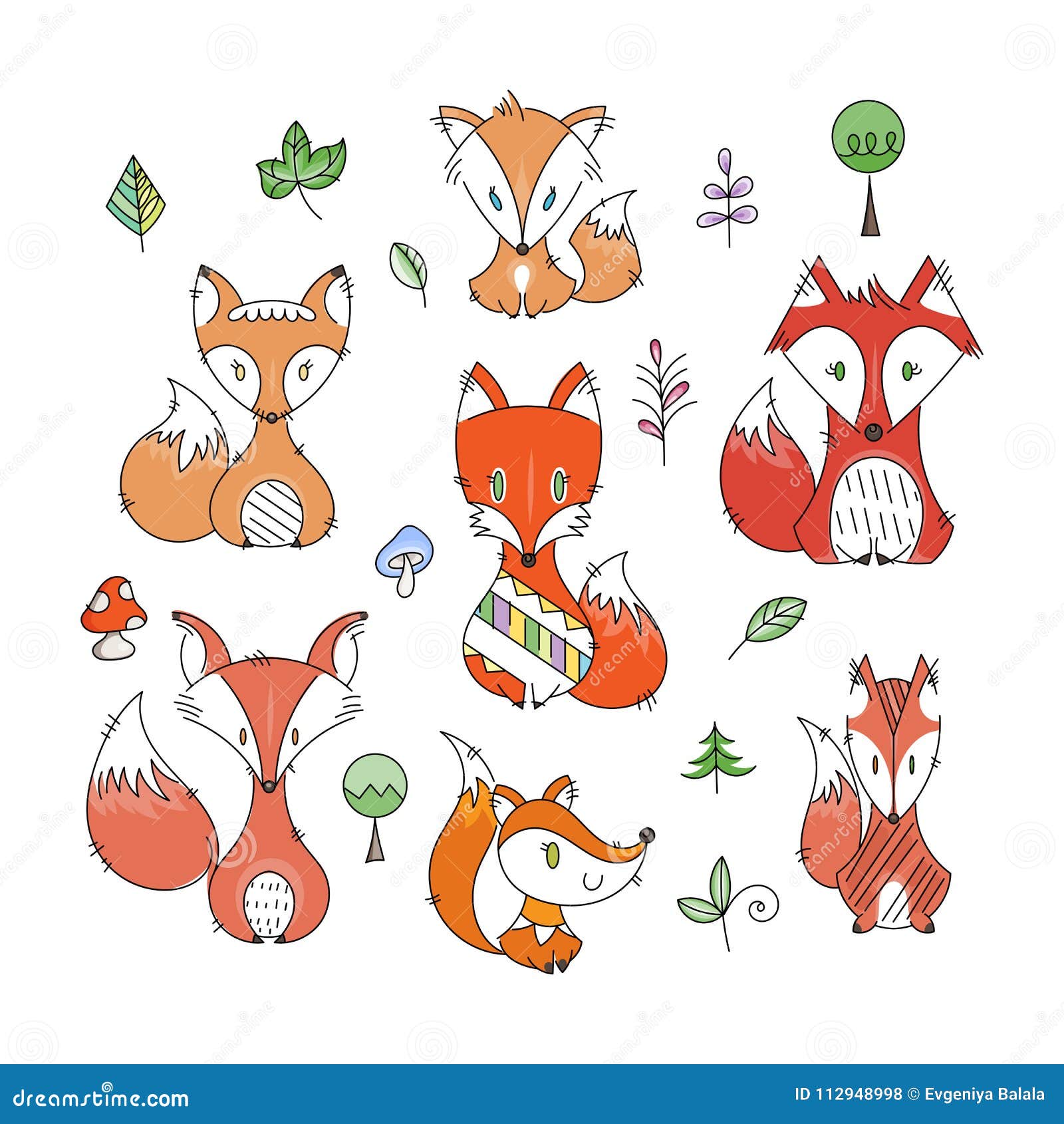 Set of Cute Doodle Foxes in Simple Flat Style Stock Vector ...