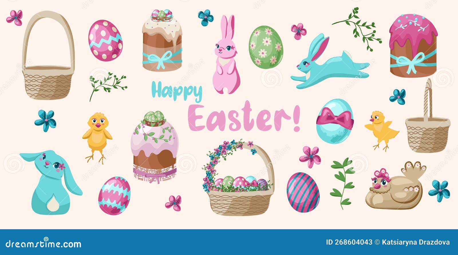Set of Cute Easter Cartoon Characters and Design Elements. Easter Bunny ...