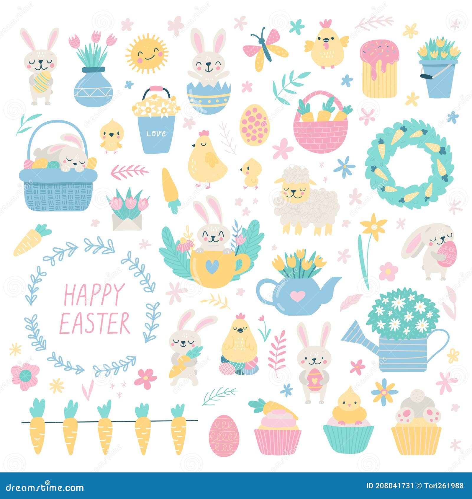 Set of Cute Easter Cartoon Characters and Design Elements. Bunny ...
