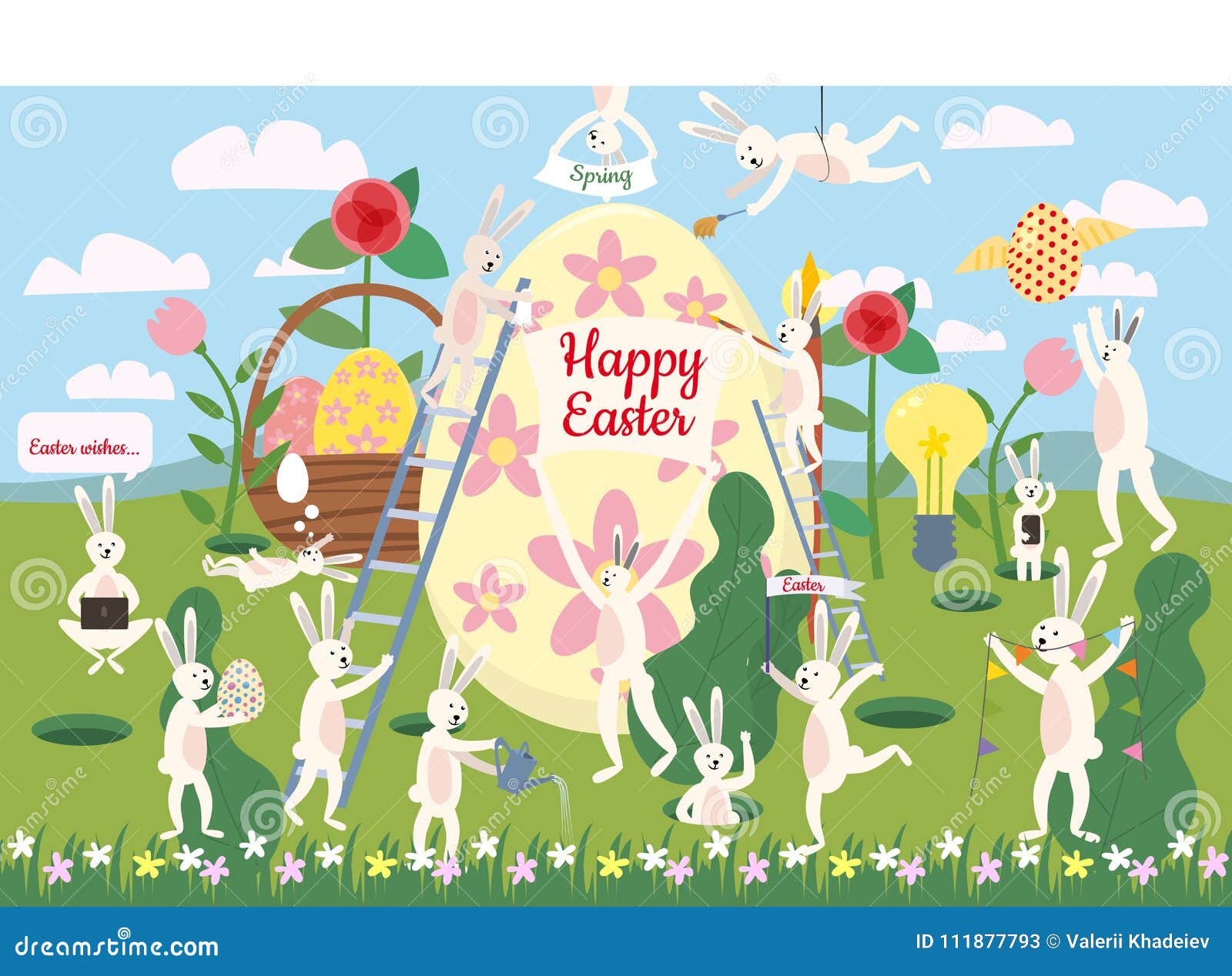 Set of Cute Easter Cartoon Characters and Design Elements. Easter Bunny ...
