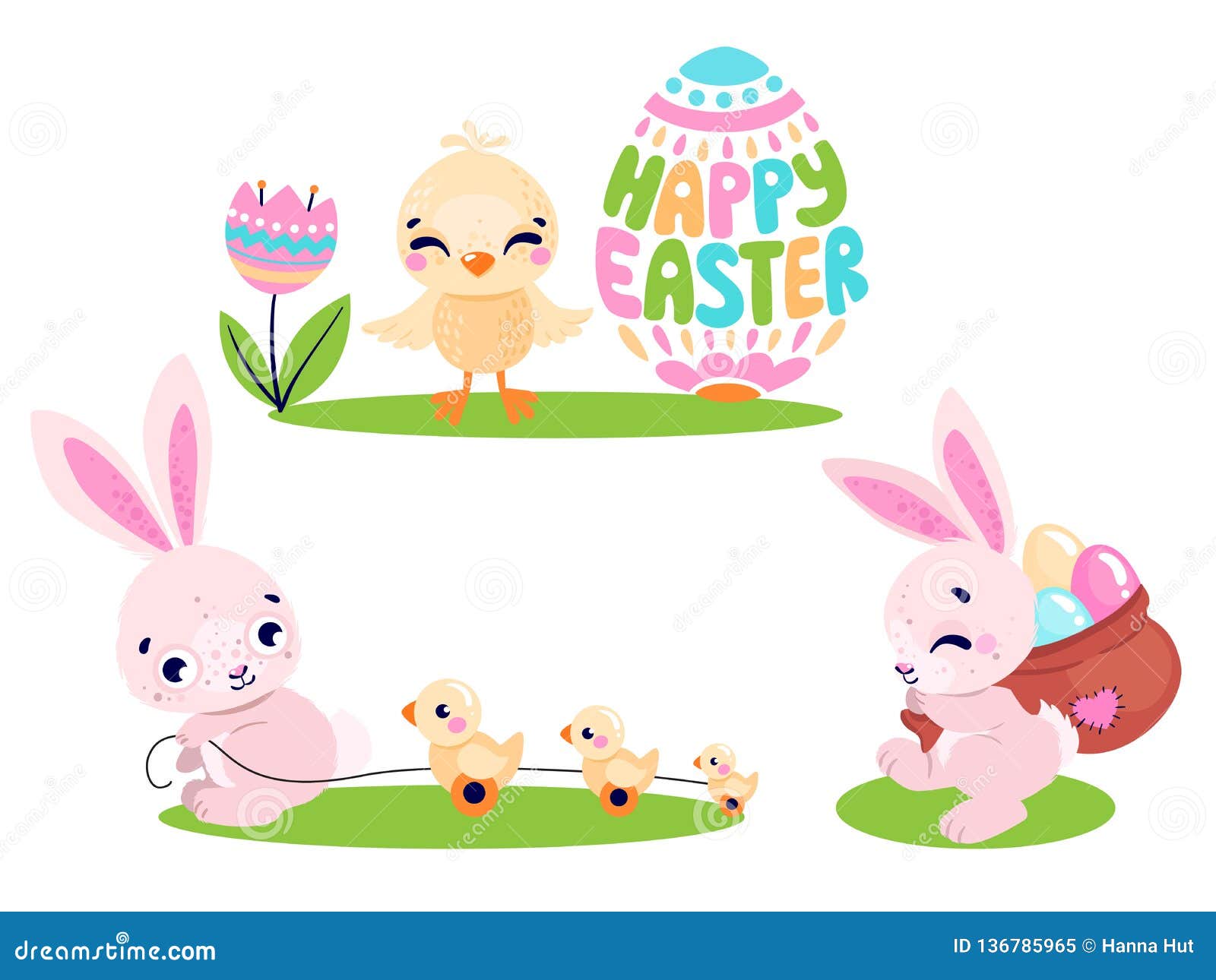 Two Easter Rabbits And Easter Eggs. Cartoon Image Colorful Doodle ...