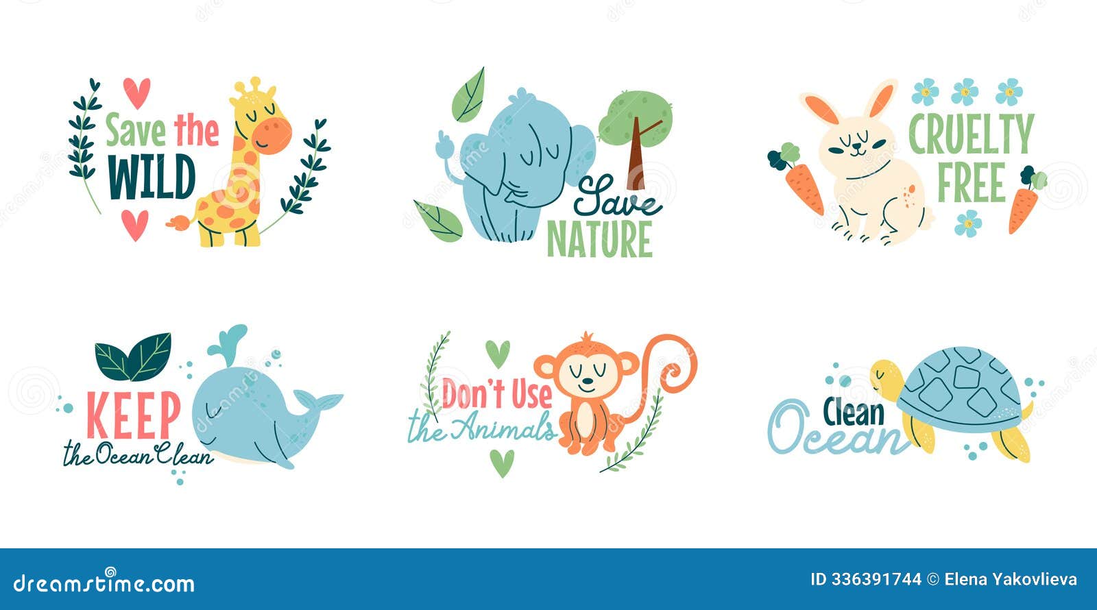 Set of Cute Eco Animal Characters with Eco Lettering Stock Vector ...