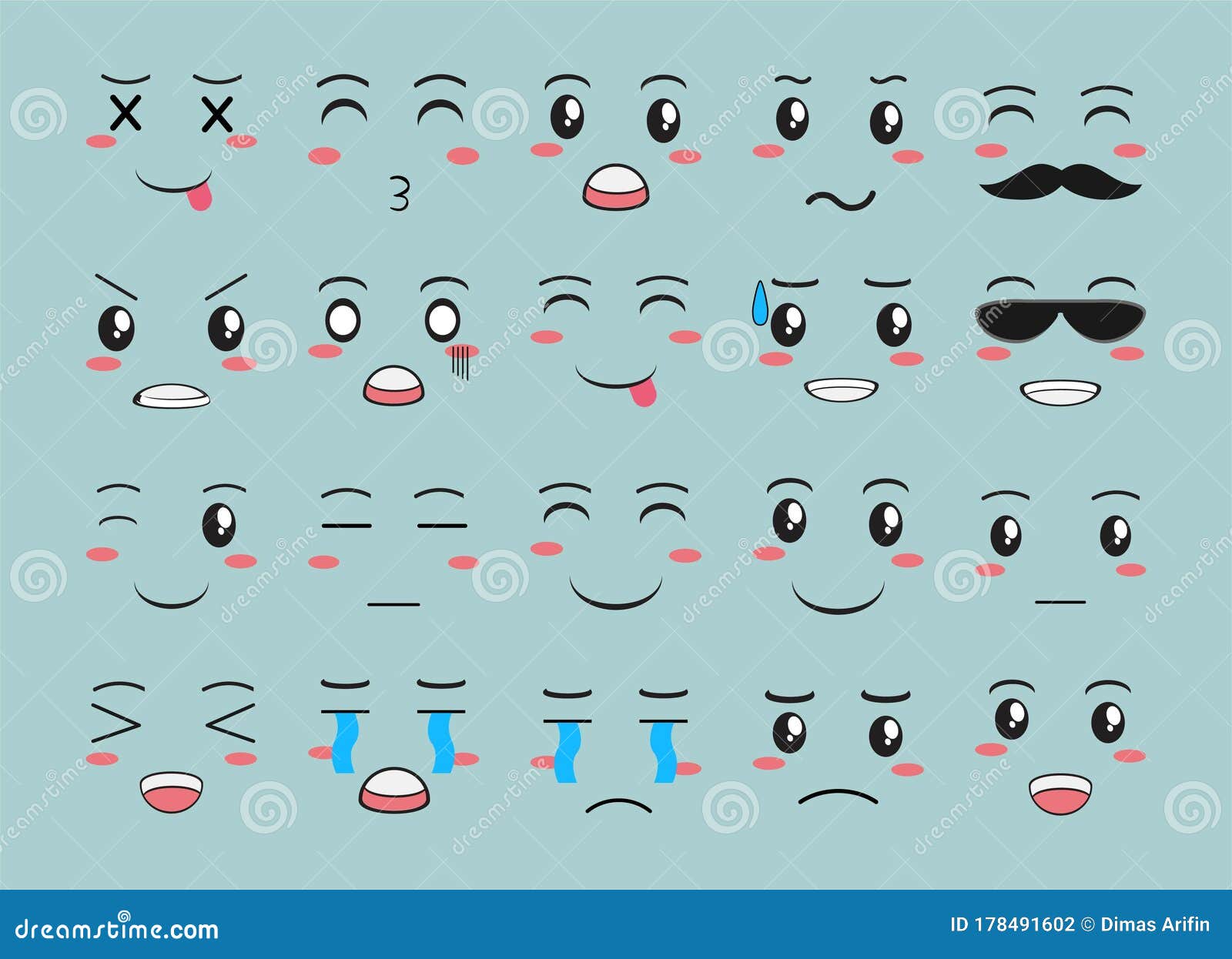20 Set of Cute Face Emotions Stock Illustration - Illustration of ...