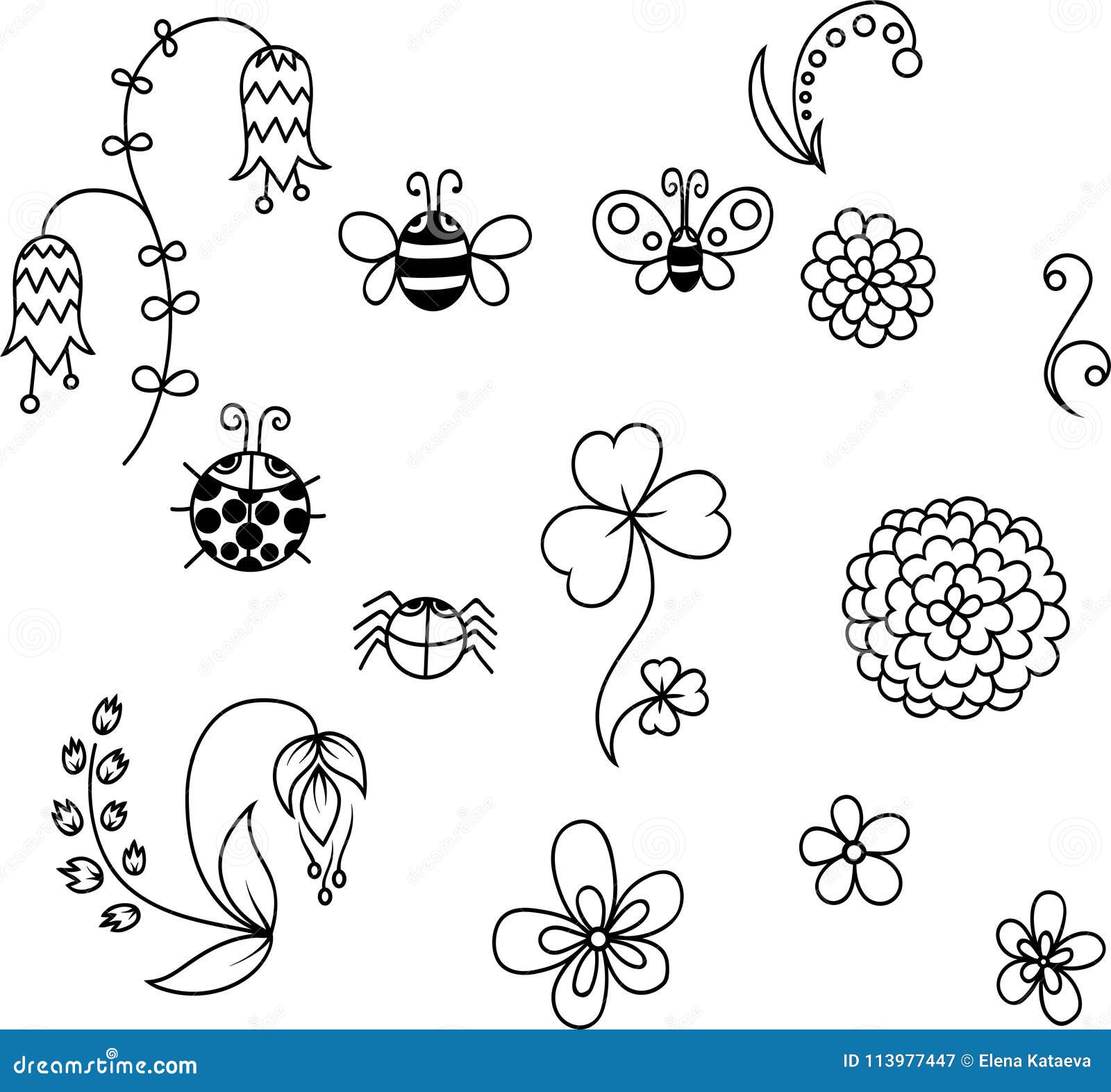 Set of Cute Flowers and Insects Stock Illustration - Illustration of ...