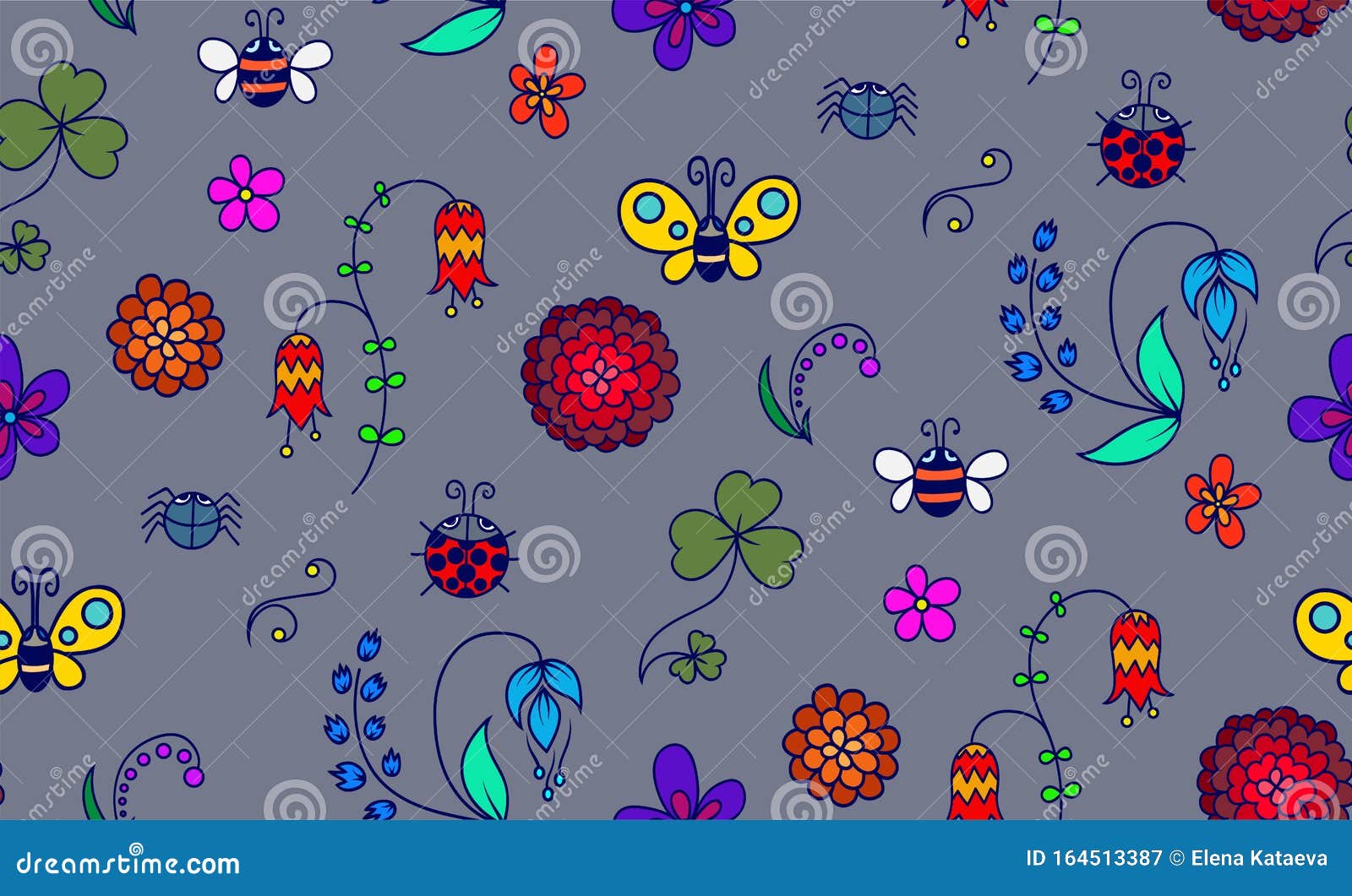 Set of Cute Flowers and Insects in Vector Stock Illustration ...