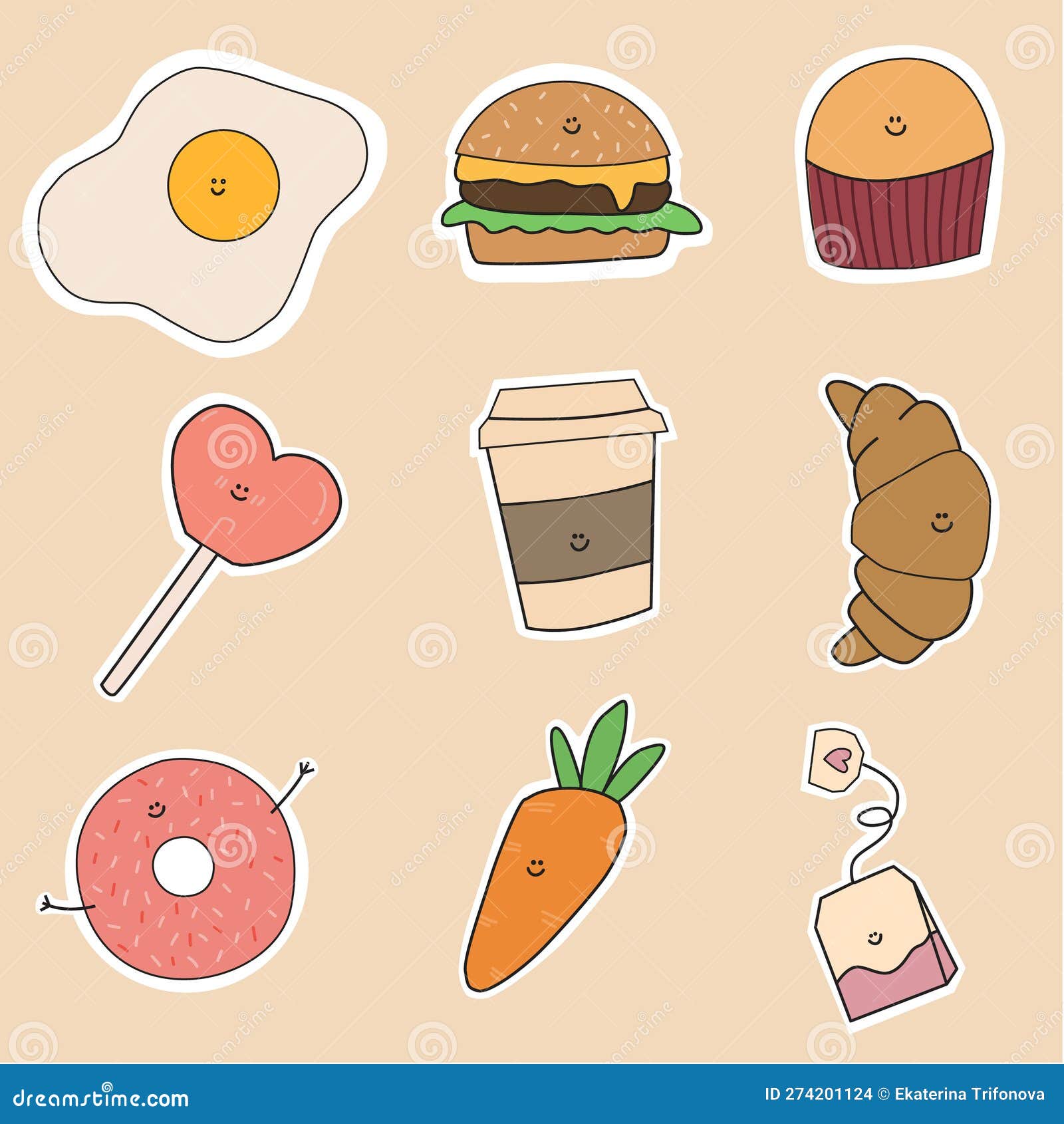 Set of Cute Food Stickers with Faces Stock Vector - Illustration of ...