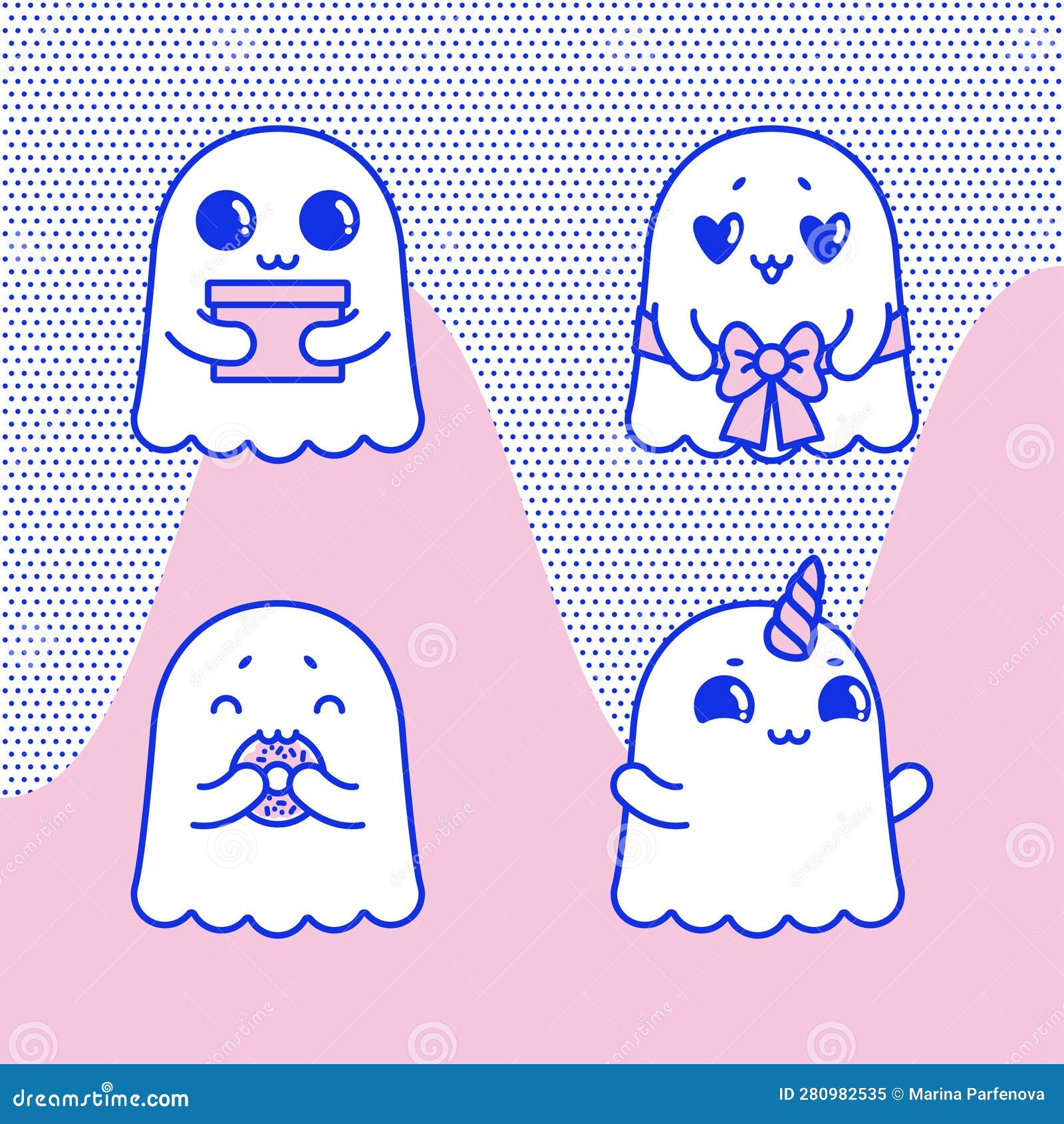 Set of Cute Friendly Ghosts in Trendy Colors, Isolated Vector ...