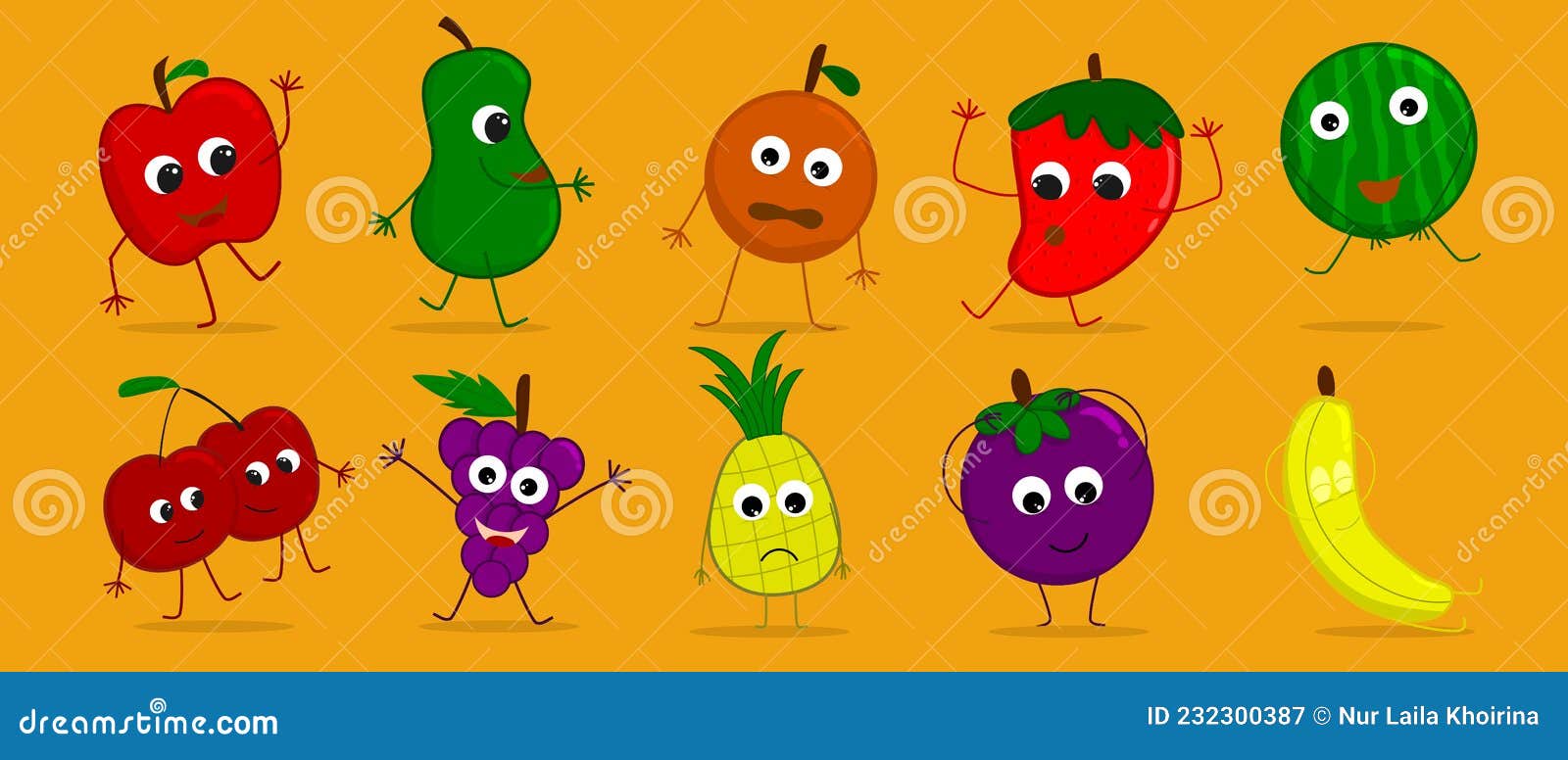 Set of Cute Fruits Character with Different Poses and Emotions Stock ...