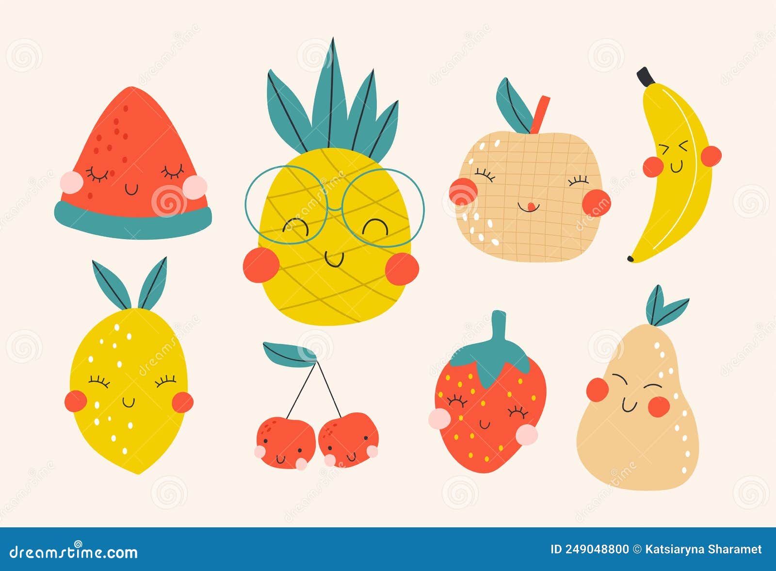Set with Cute Fruits. Kids Print. Vector Illustrations Stock Vector ...