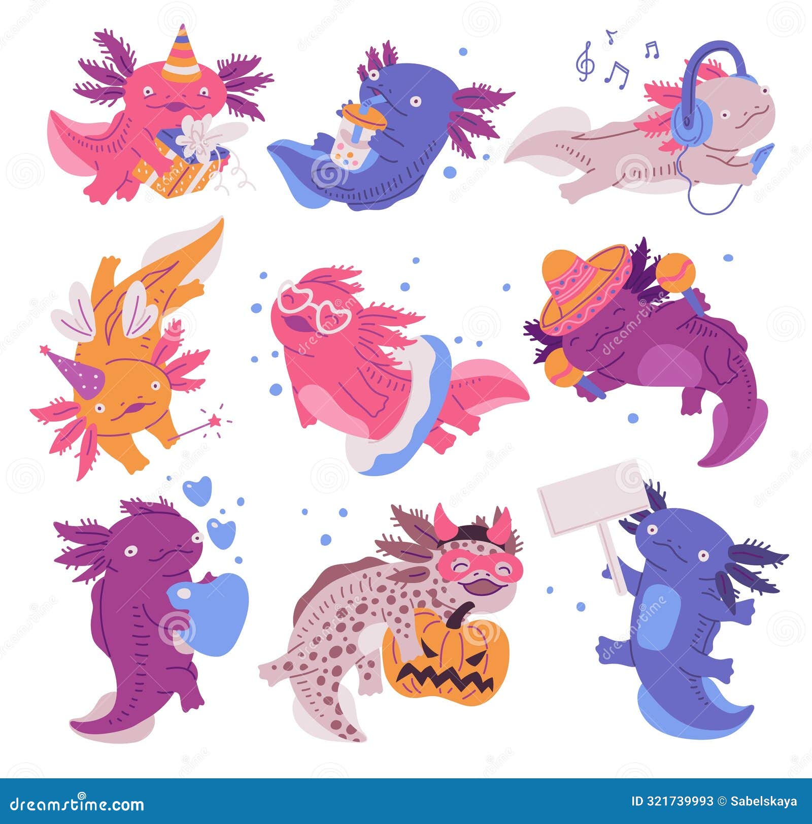 Set of Cute Funny Axolotls Character Flat Style, Vector Illustration ...