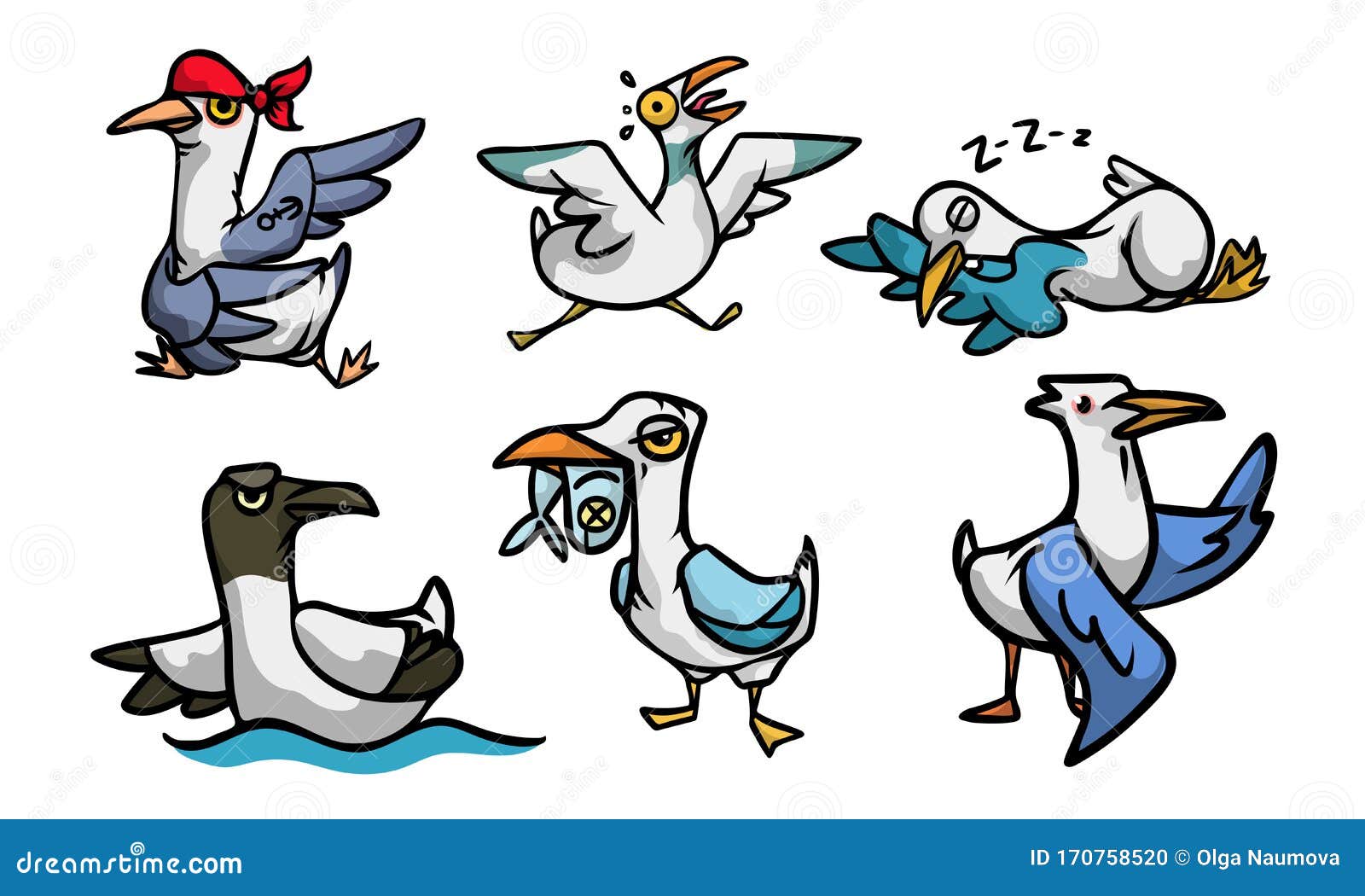 Set Of Cute And Funny Seagull Character In Different Situations Vector