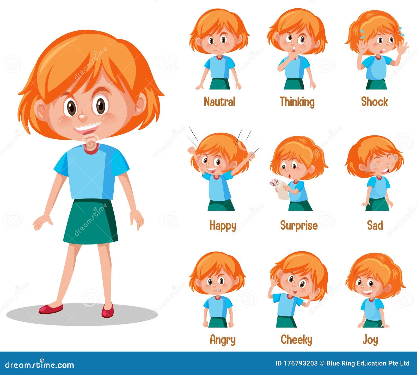 Set of Cute Girl with Different Expressions on Her Face Stock Vector ...