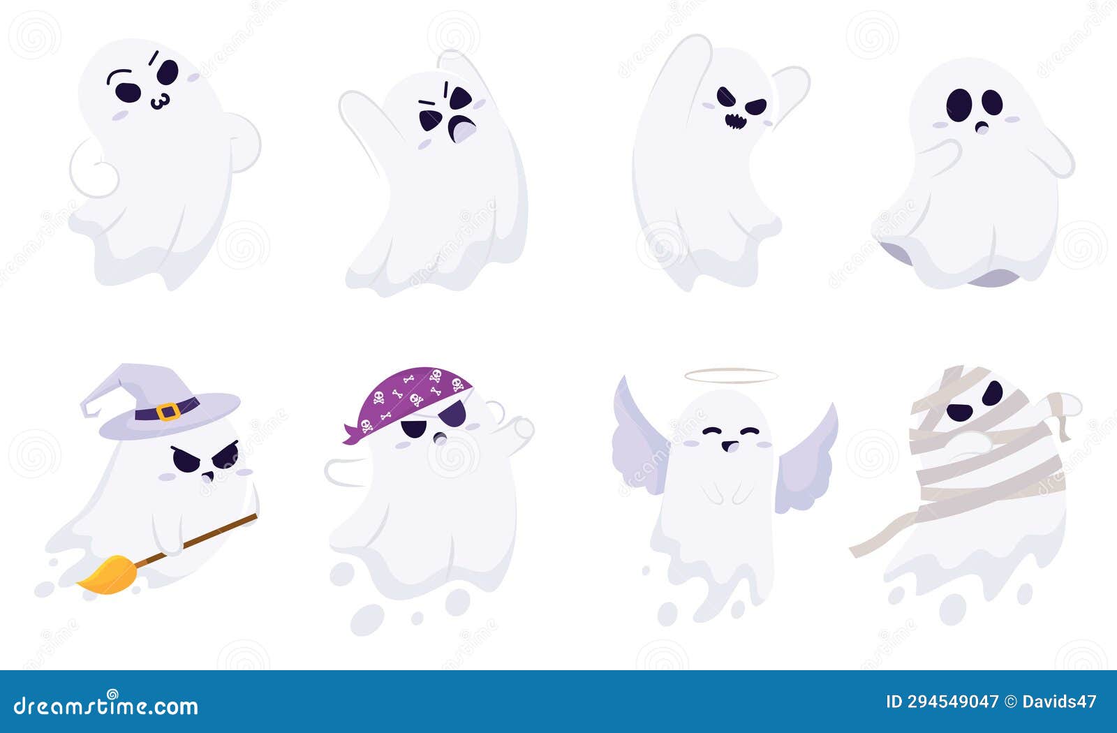 Set of Cute Halloween Ghost Characters Vector Stock Vector ...