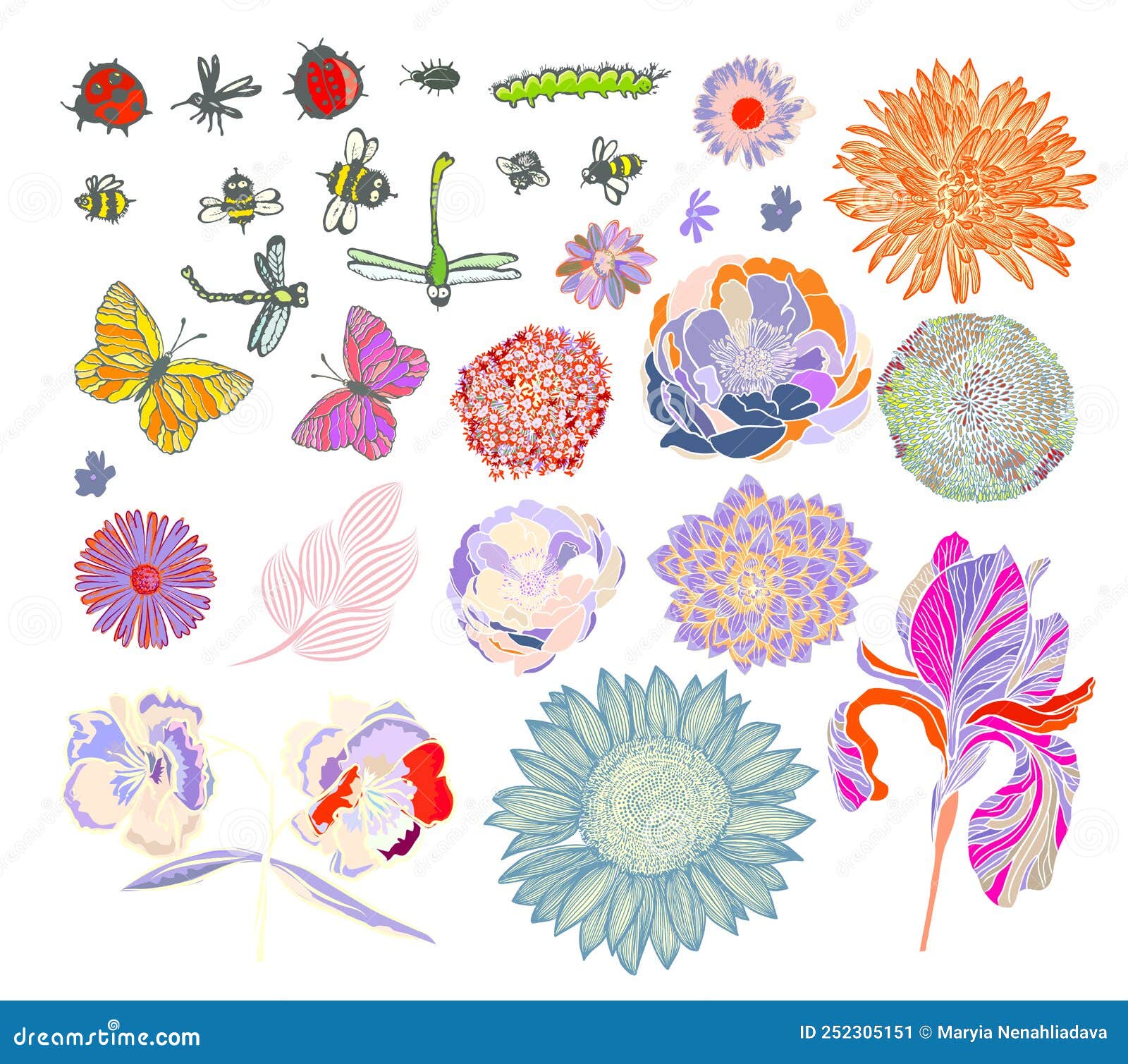 Set of Cute Hand Drawn Flowers and Set of Insects.. Vector Illustration ...