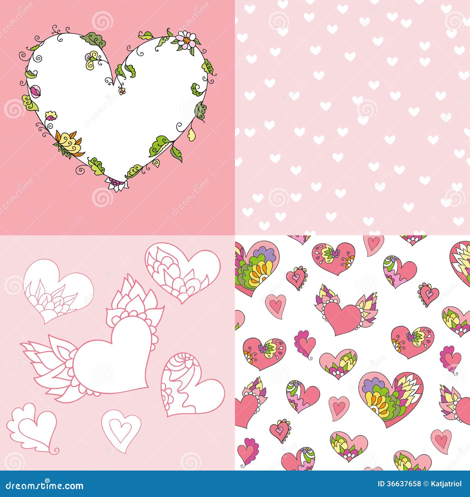 Set of Cute Hearts, Frame and Seamless Patterns Stock Vector ...