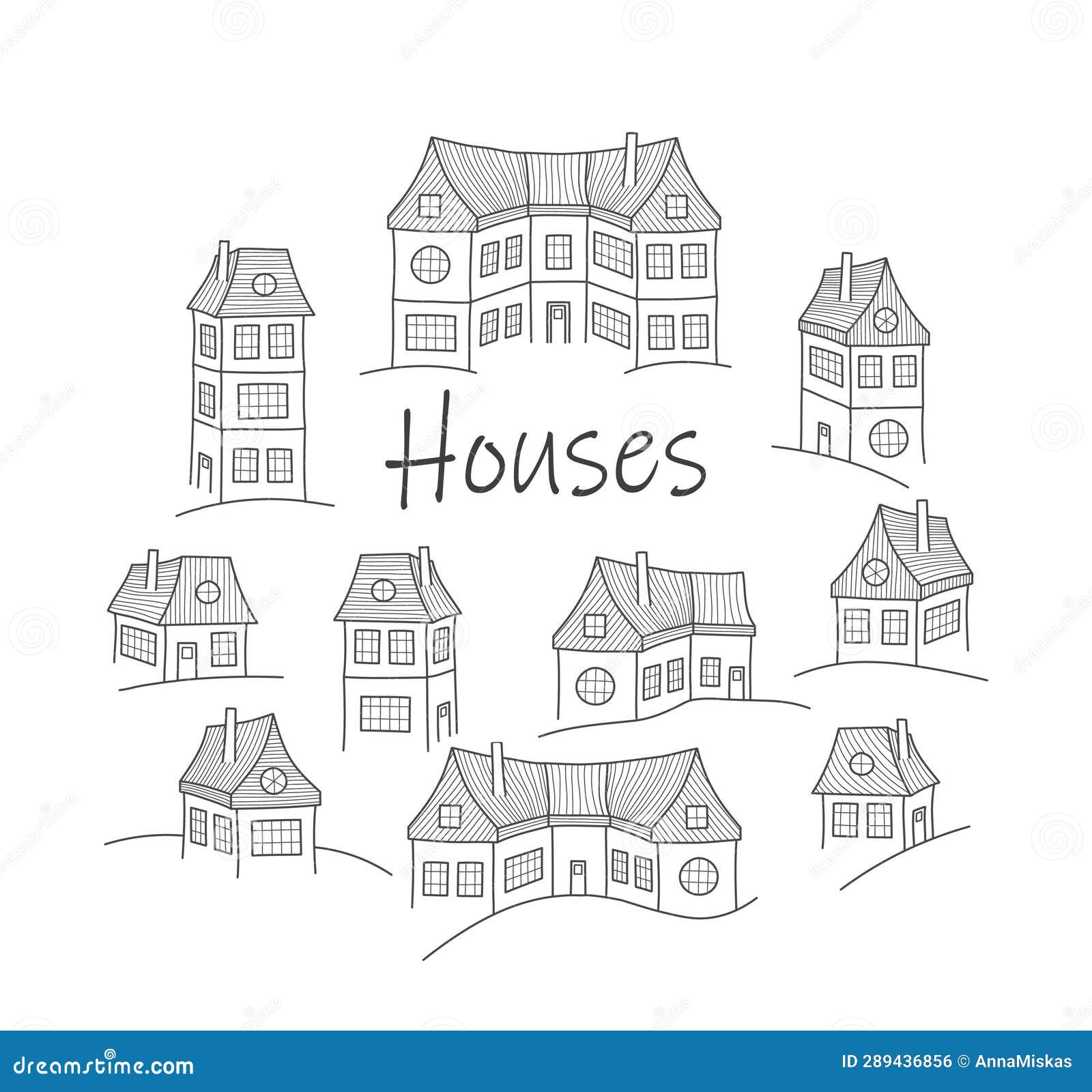 A Set of Cute Houses, Line. Stock Vector - Illustration of drawing ...