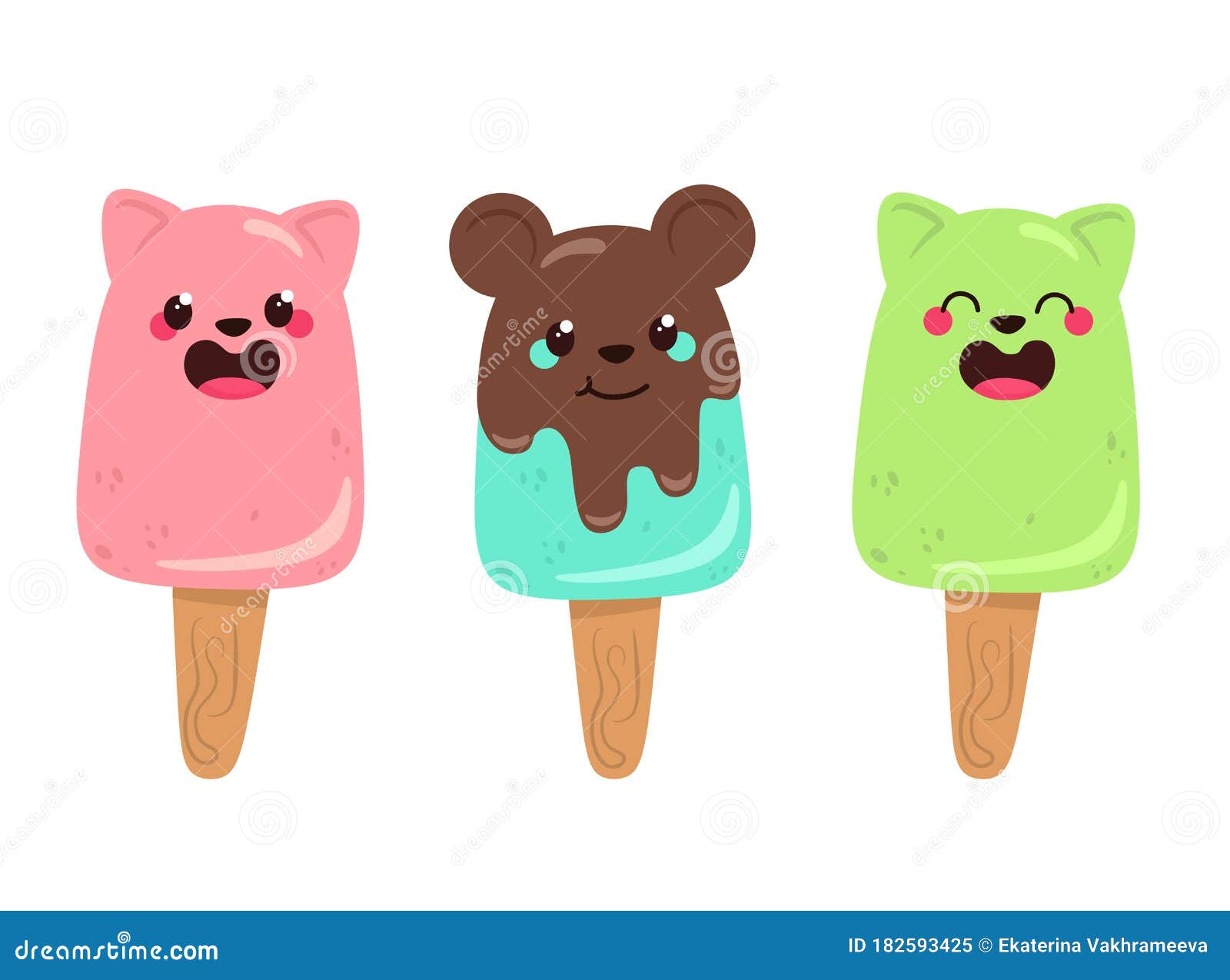 Set of Cute Ice Cream Kitty and Mouse. Vector Isolates in Cartoon Flat ...
