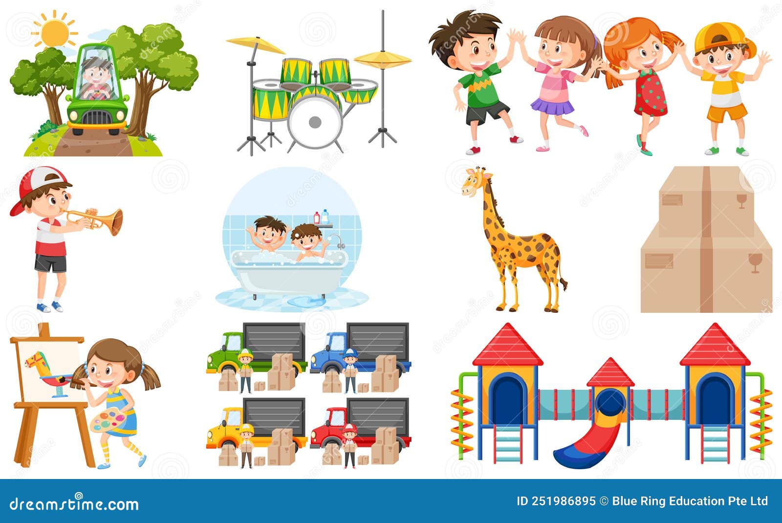 Set of Cute Kids and Objects Stock Vector - Illustration of action ...
