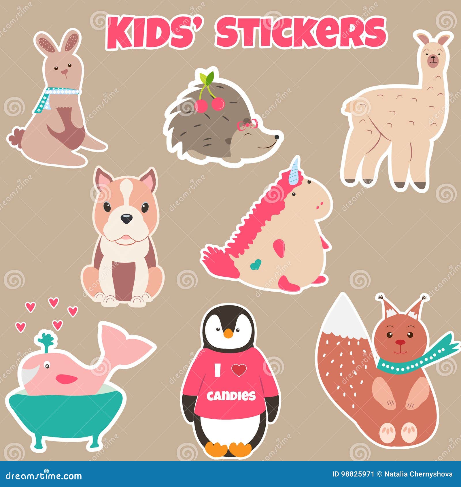 Set of Cute Kids Stickers with Different Animals. Stock Vector ...