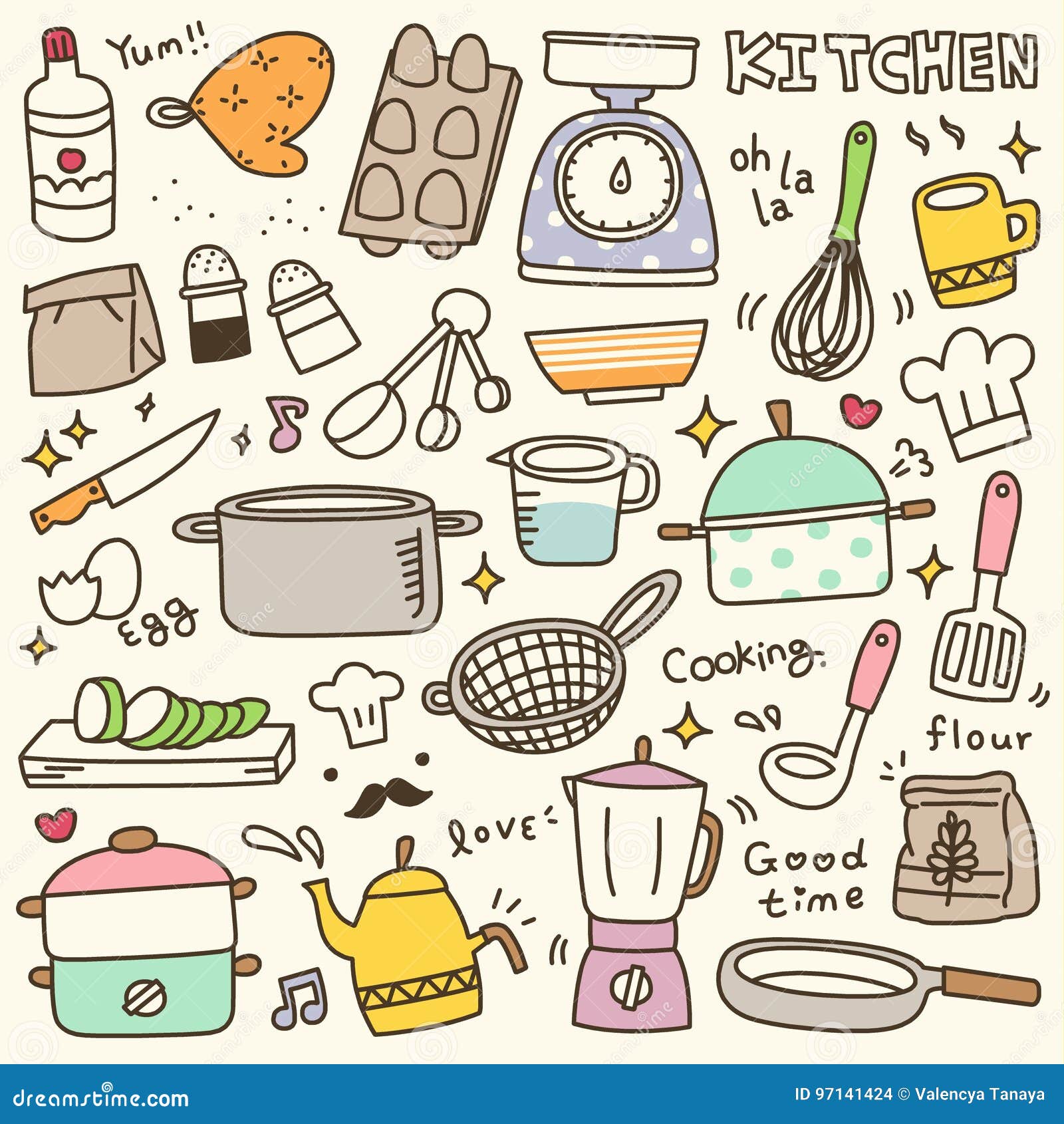 Set of Cute Kitchen Spices and Utensils Doodle Stock Vector ...