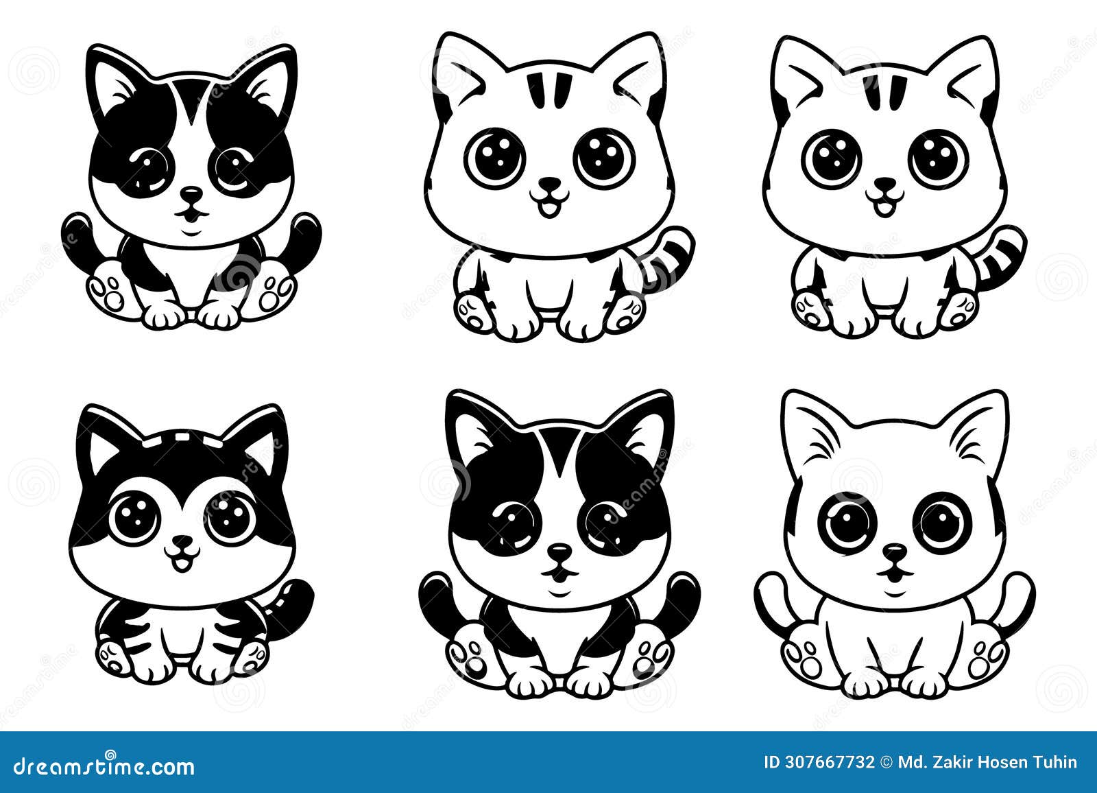 Set of Cute Kitten Line Art Illustrations Isolated on White Background ...