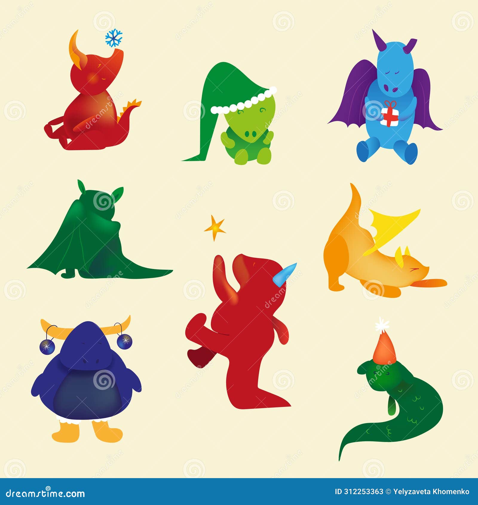 Set of Cute Little Colorful Dragons Doing Different Things. Vector ...