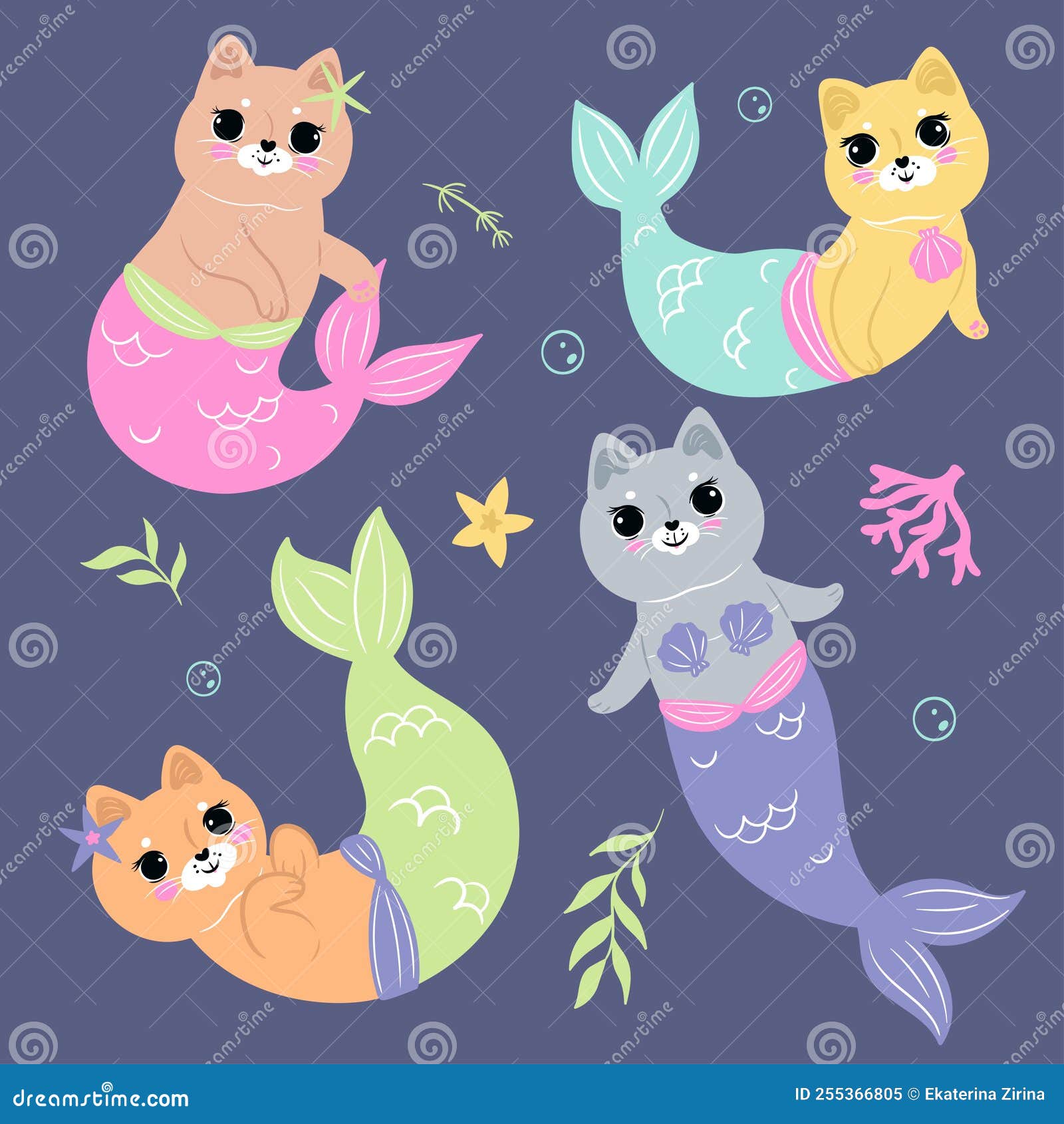 Set of Cute Mermaid Cats. Vector Graphics Stock Vector - Illustration ...