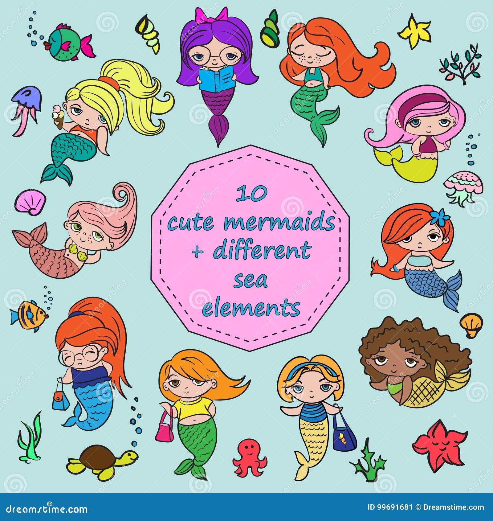 Set of 10 Cute Mermaids + Different Sea Elements Stock Vector ...