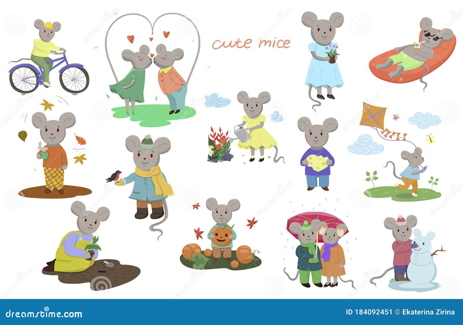 A Set of Cute Mice for Different Activities. Vector Graphics Stock ...