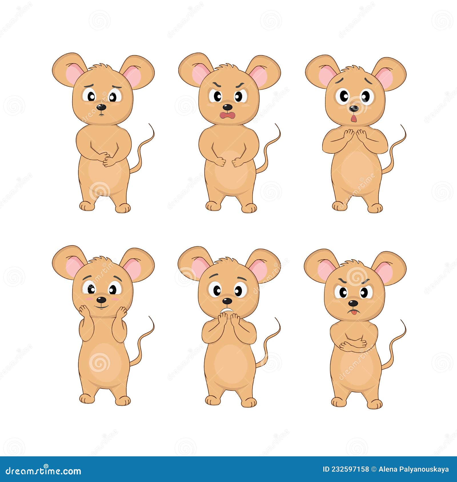 A Set Of Cute Mice In Different Poses With Different Emotions Vector ...